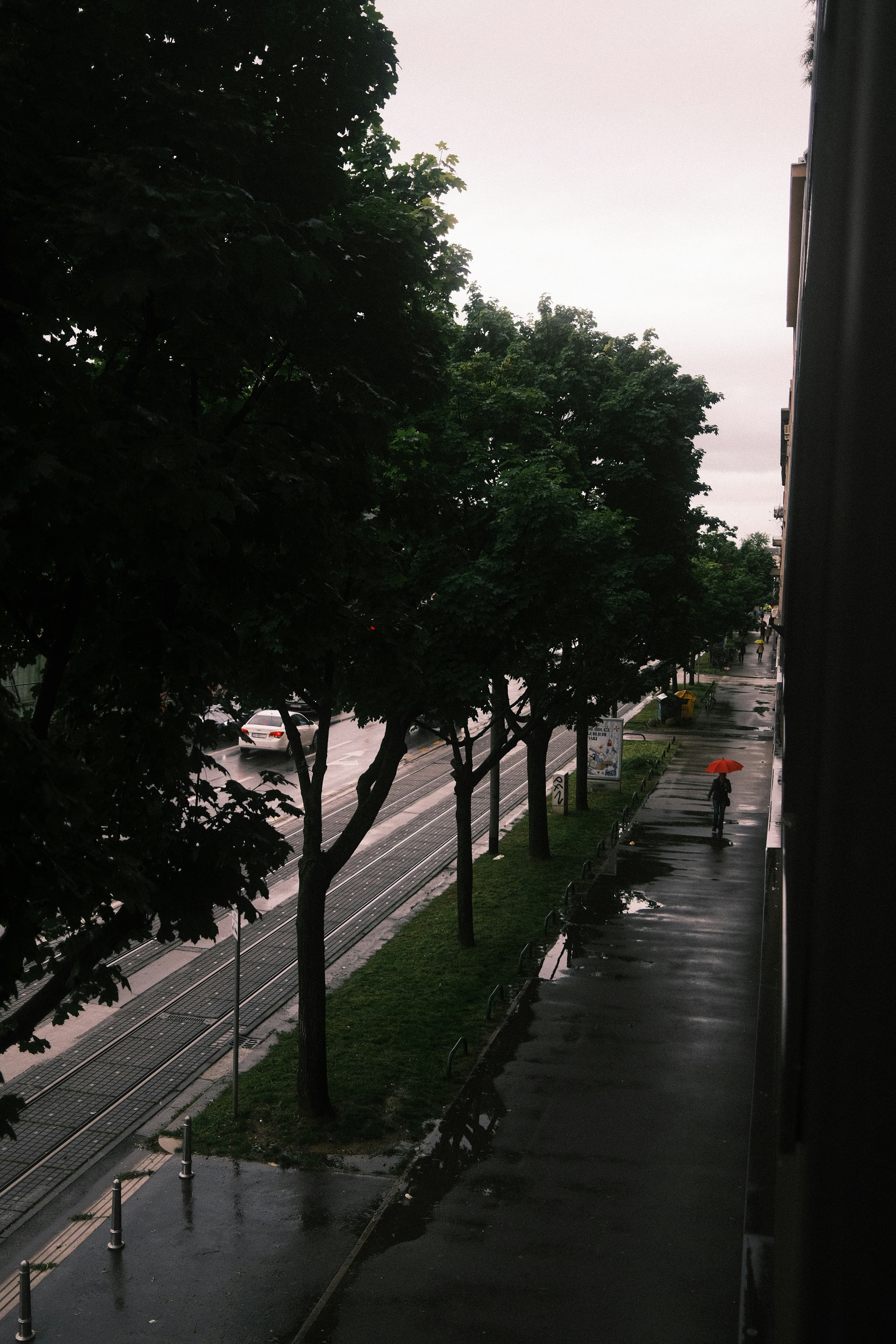 Rain-Slick Street: A Lone Pedestrian with a Red Umbrella Under Gray Skies