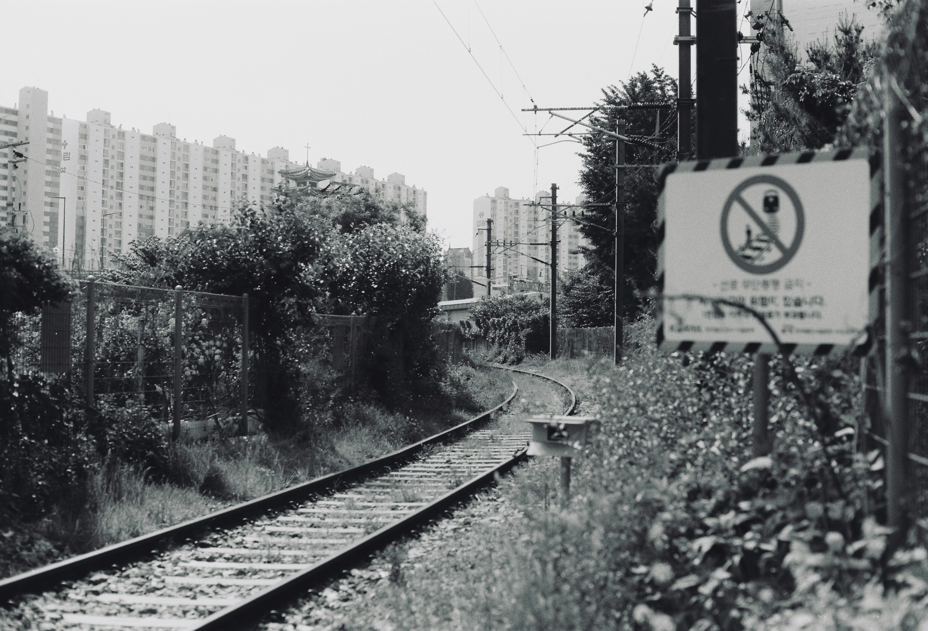 Curved railway track disappearing into the distance, framed by overgrown vegetation and a warning sign. Urban buildings loom in the background.
