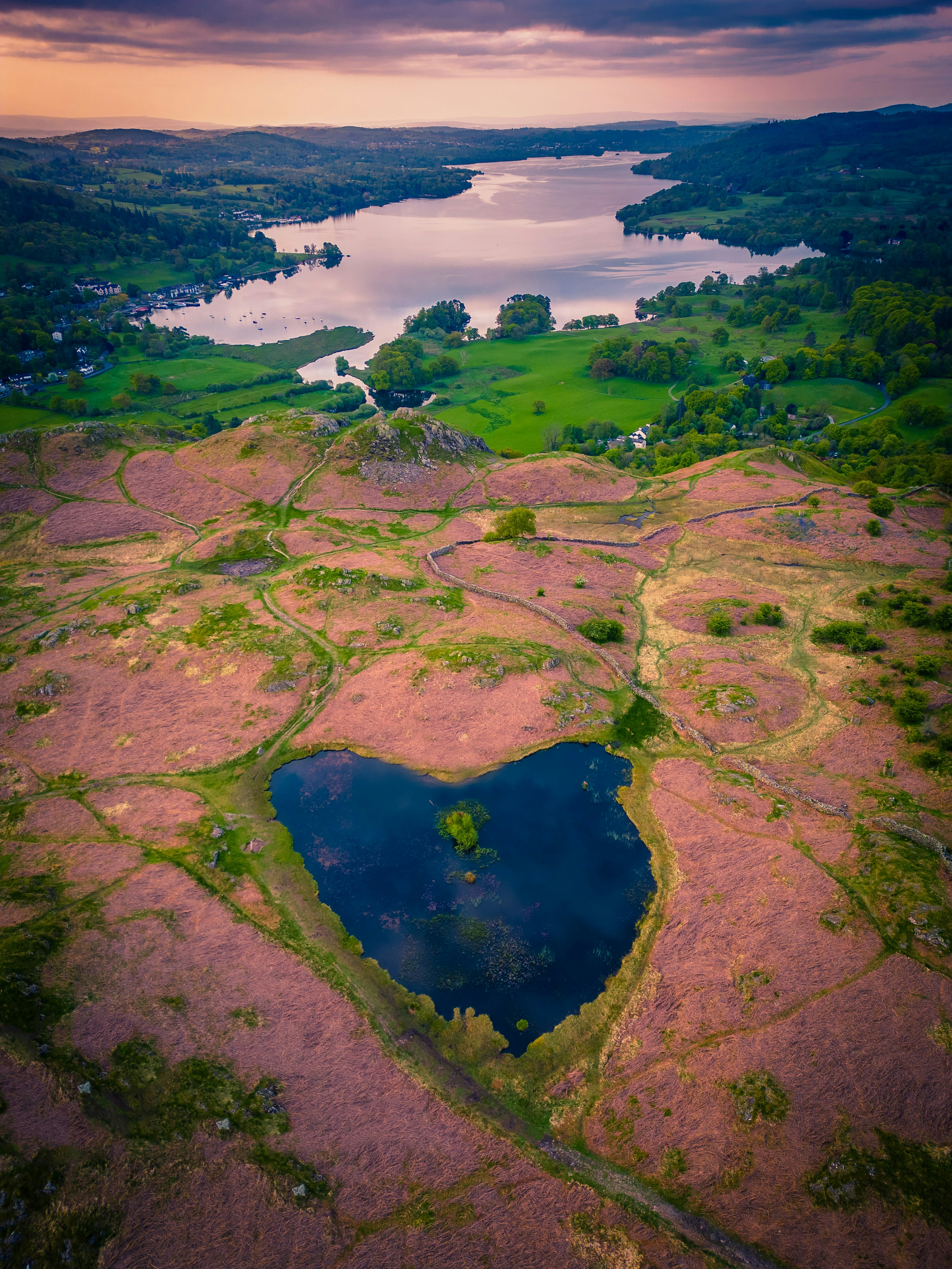 An aerial view of a heart shaped lake photo – Free Loughrigg fell Image ...