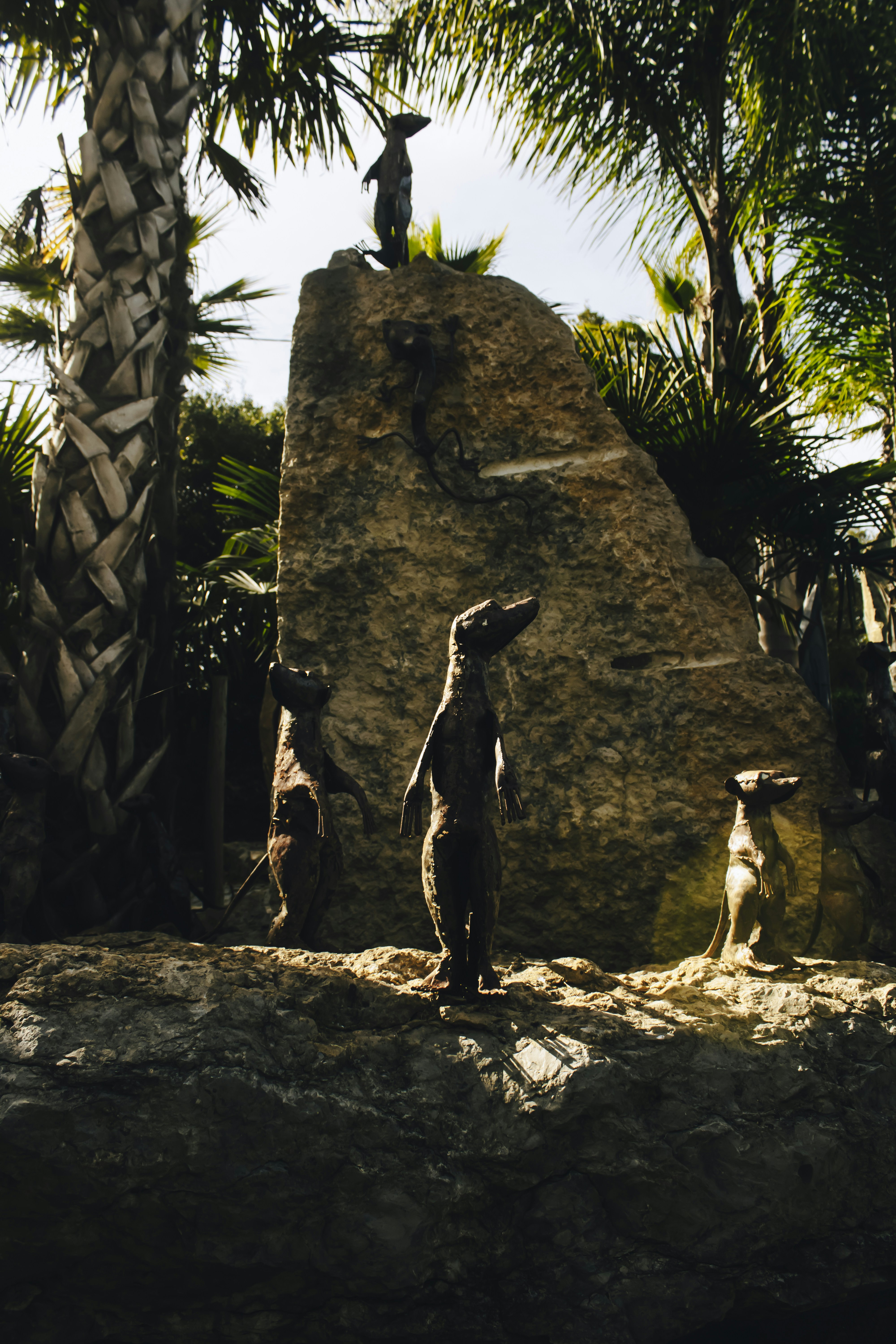 Bronze Guardians in a Palm-Fringed Rock Garden