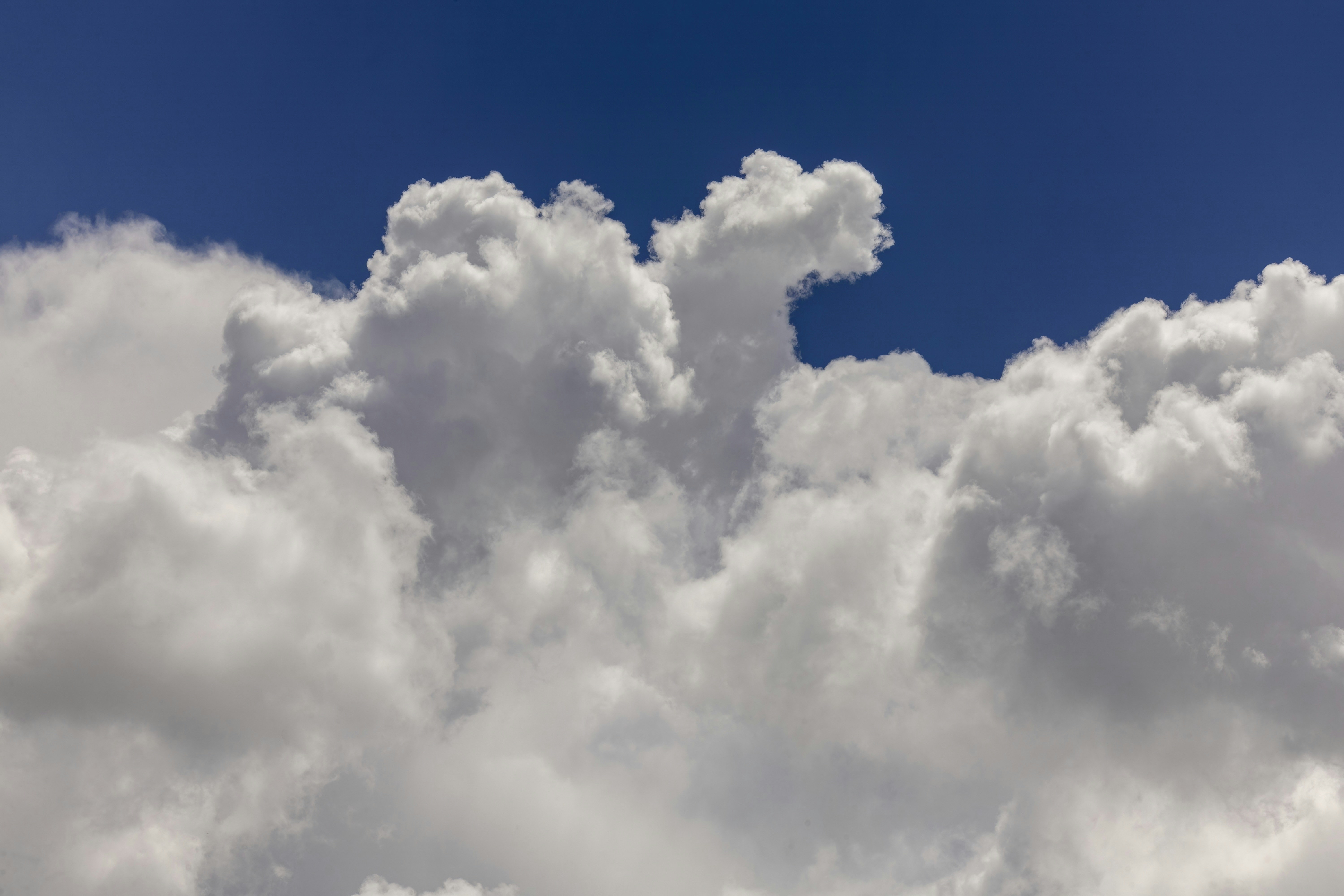 Cumulus clouds roll across a deep blue sky, forming a dramatic cloudscape with soft, billowy forms.