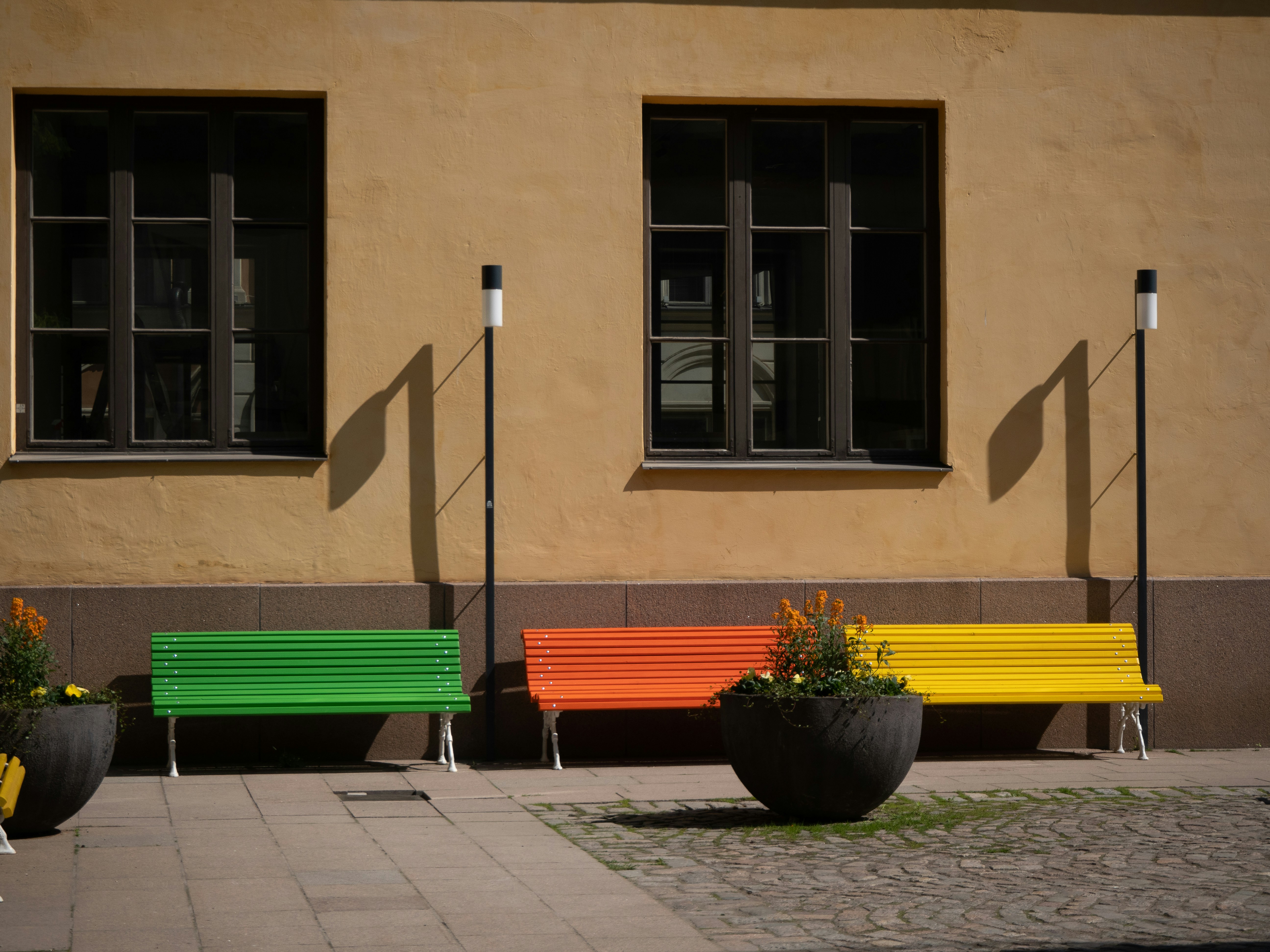 Chromatic Bench Row on a Sunlit Facade