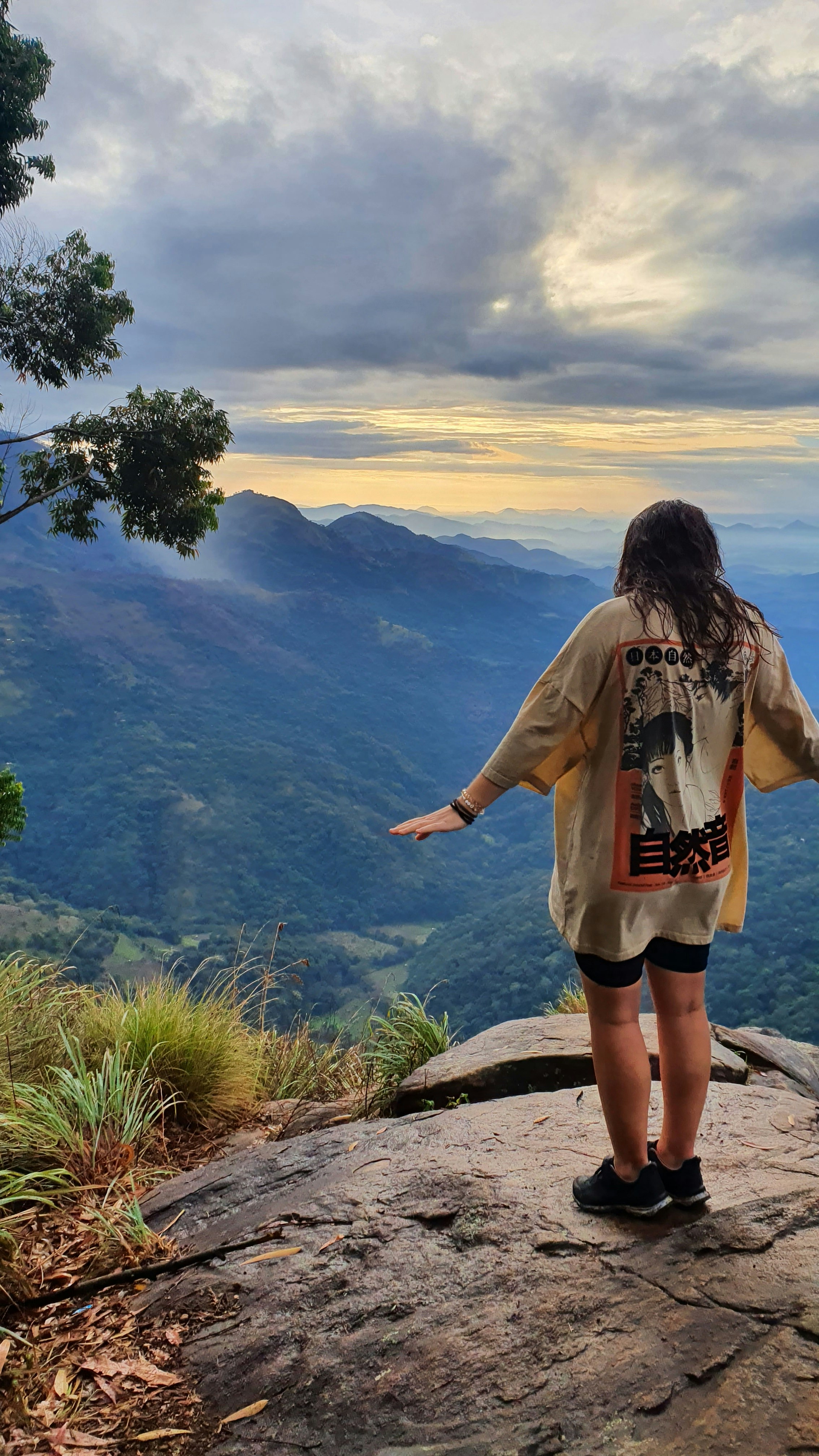 Dusk on the Edge: A Traveler Embracing the Layered Valley from the Cliff