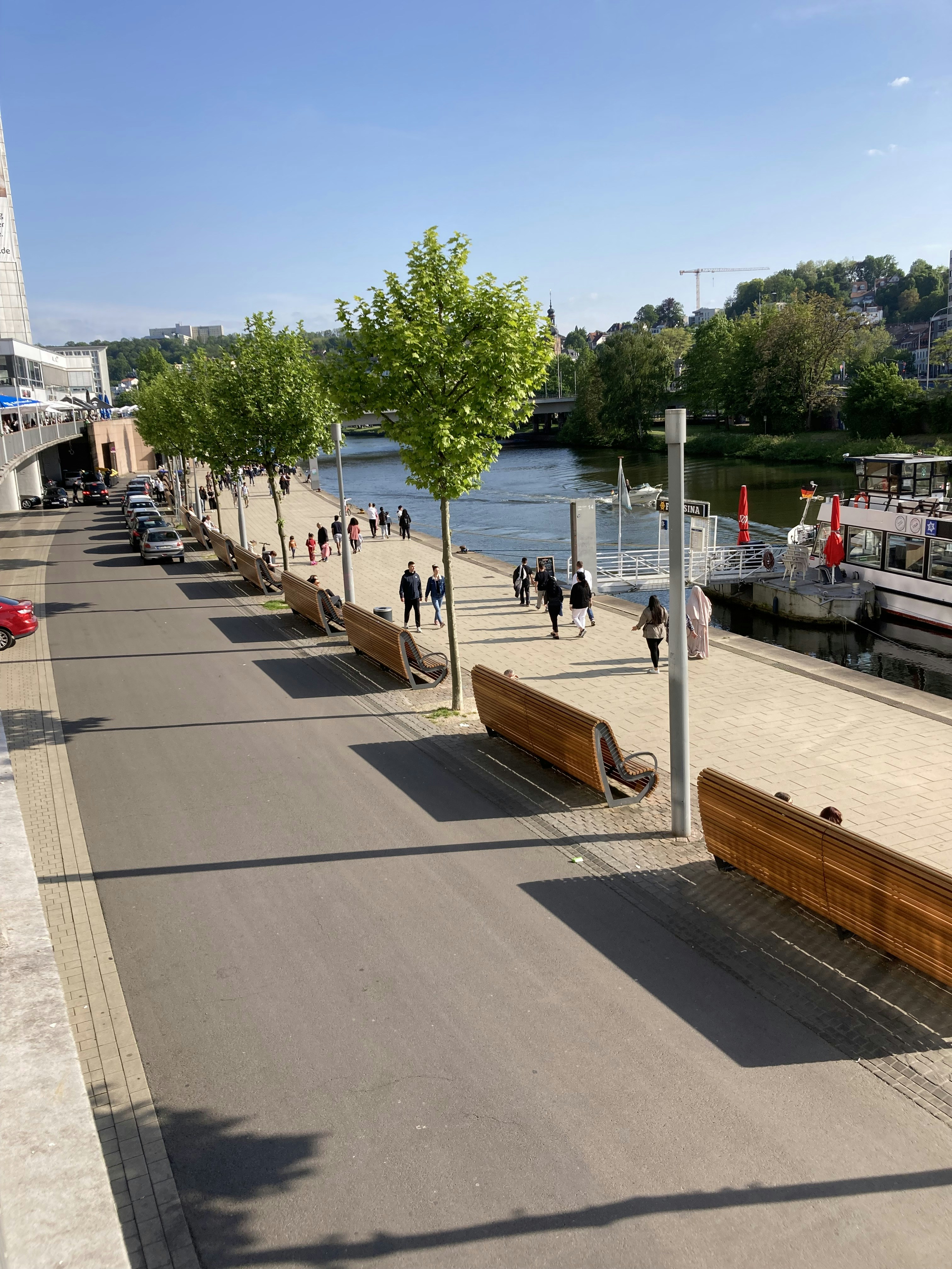 Sunlit Riverside Promenade: Tree-Canopy Walkway by the Water