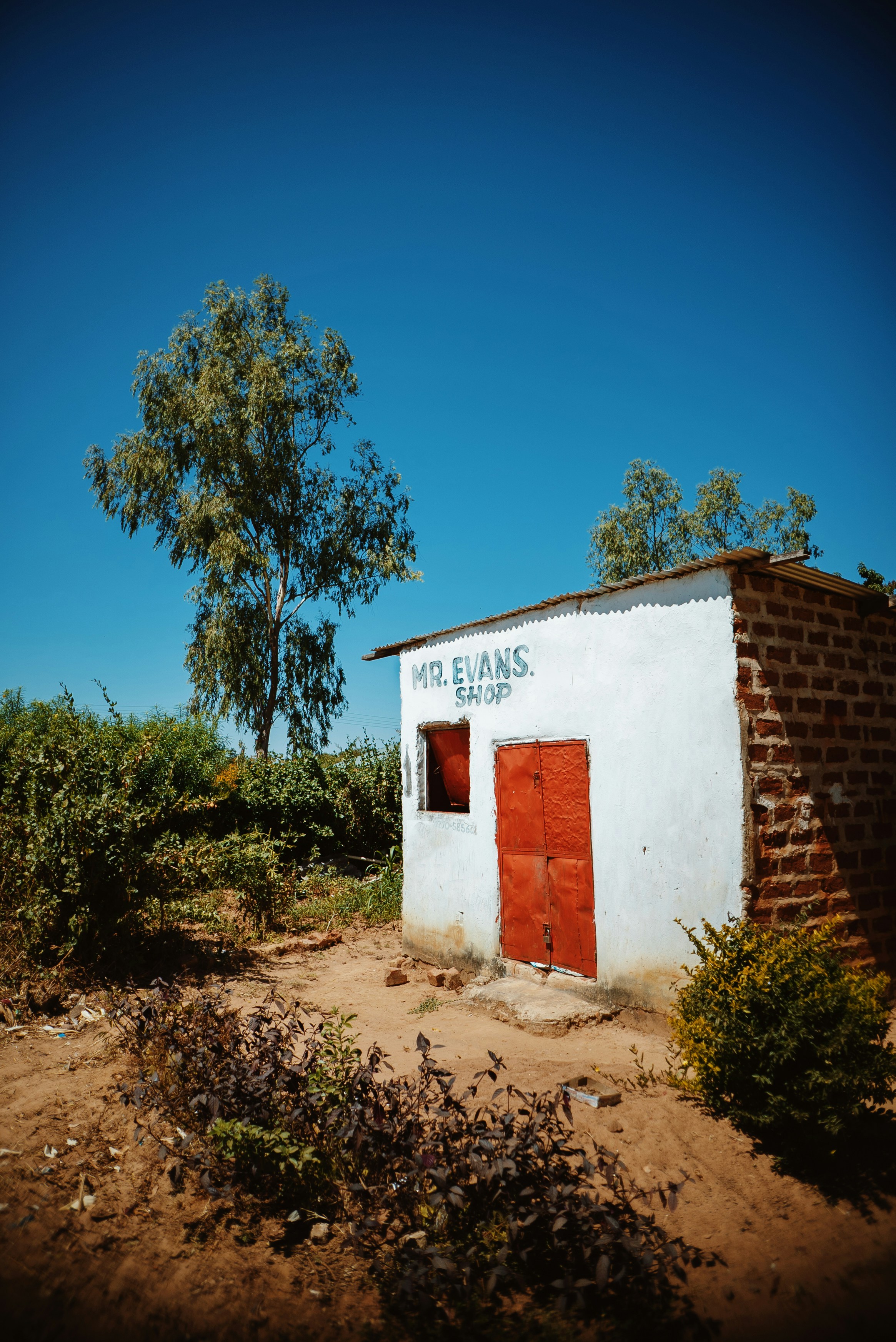 Crimson Door, Whitewashed Shop: A Quiet Rural Scene Under a Vast Blue Sky