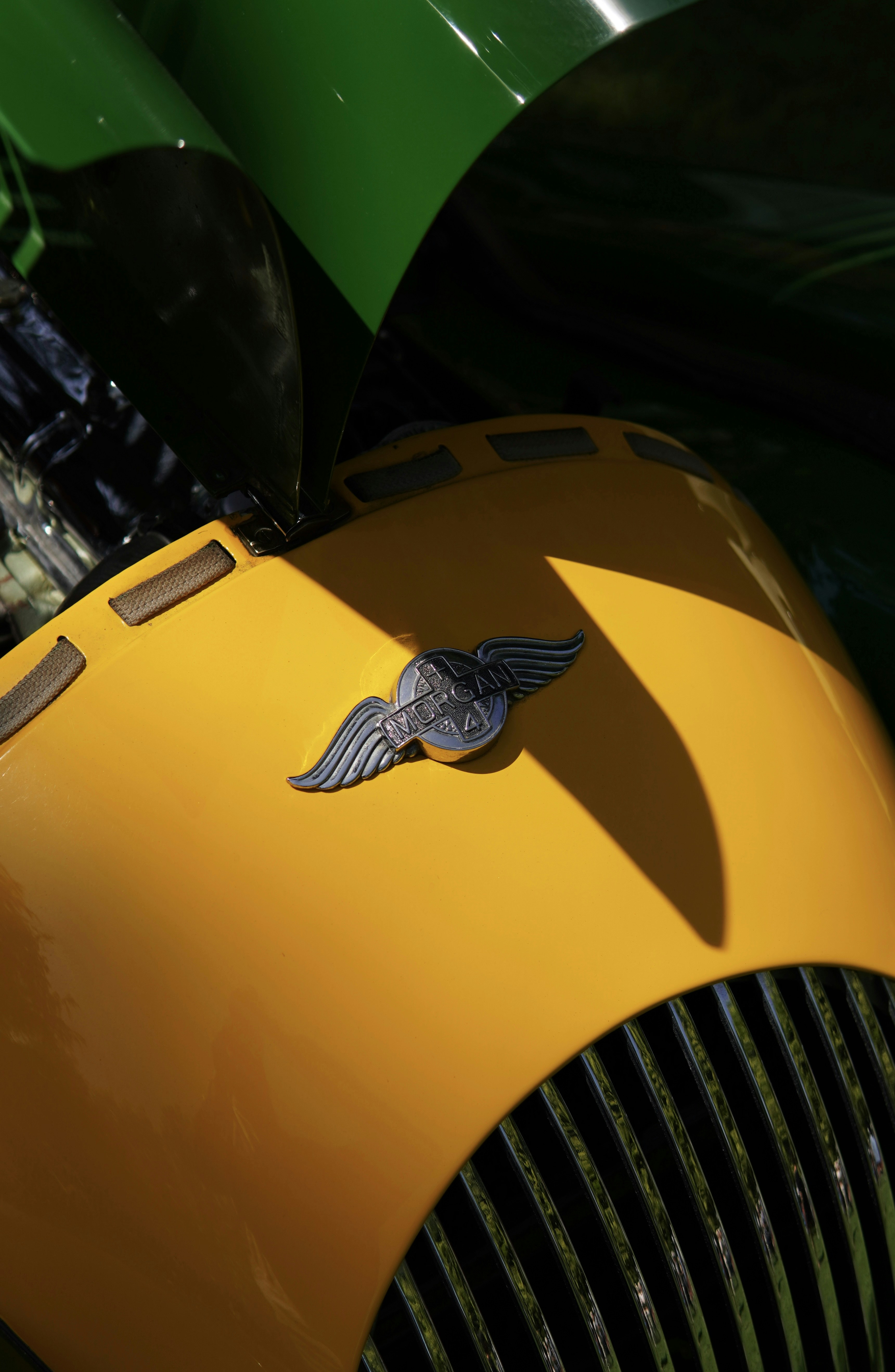 Wings on the Yellow Front: Close-Up of a Classic Car Badge