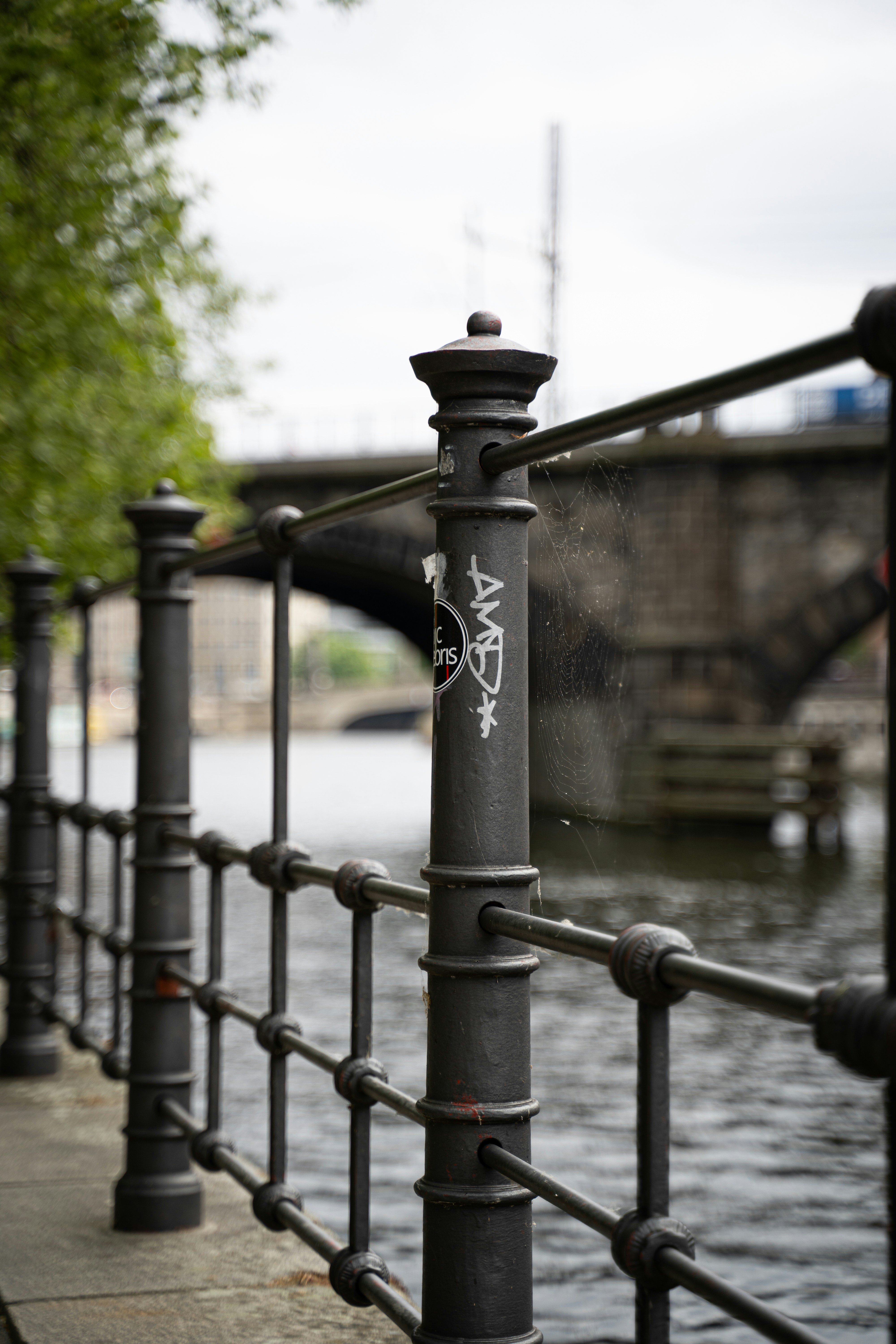 Riverside Post in Focus: Graffiti-Marked Iron Rail by a Quiet Bridge