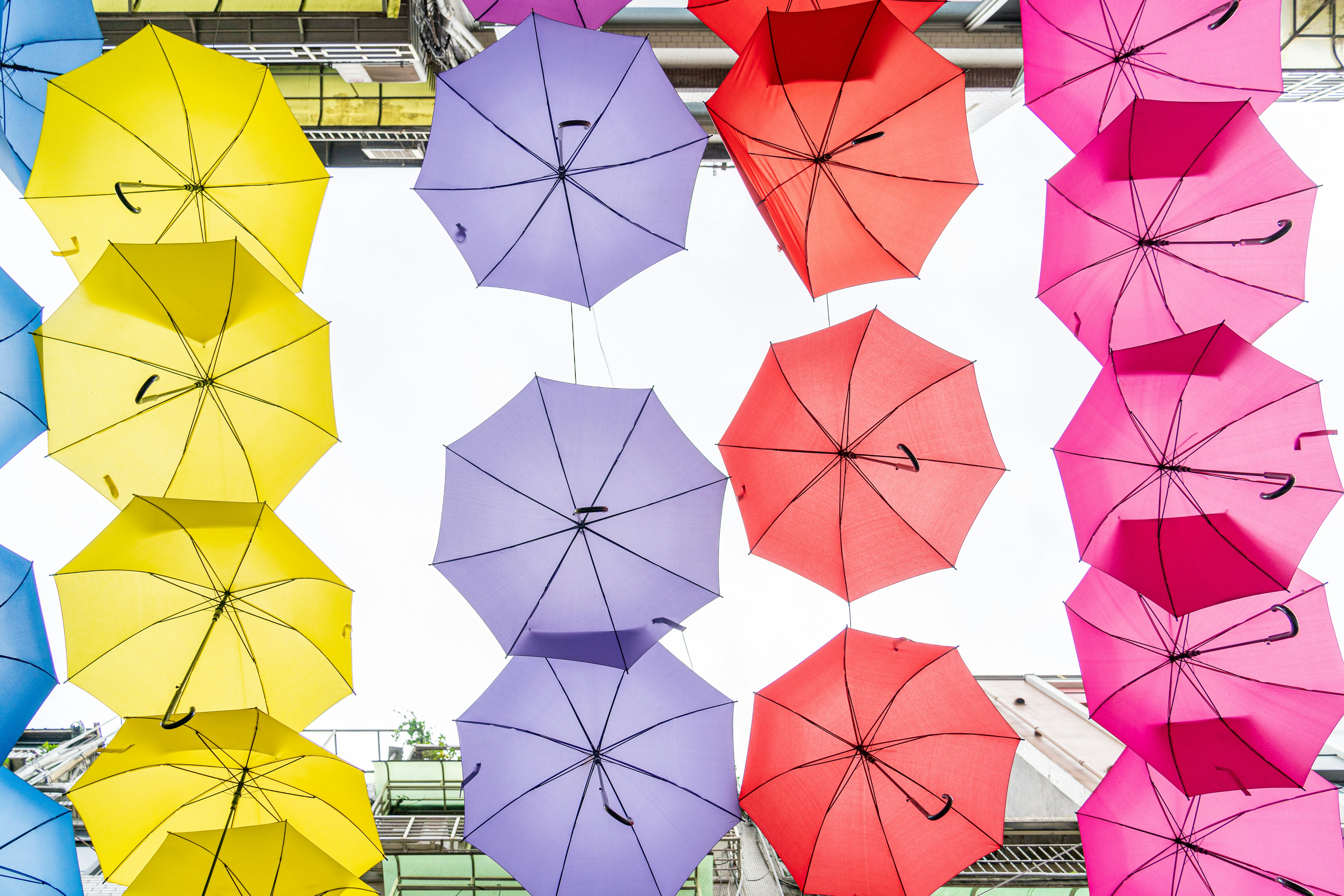 A group of colorful umbrellas hanging from the ceiling photo – Free ...