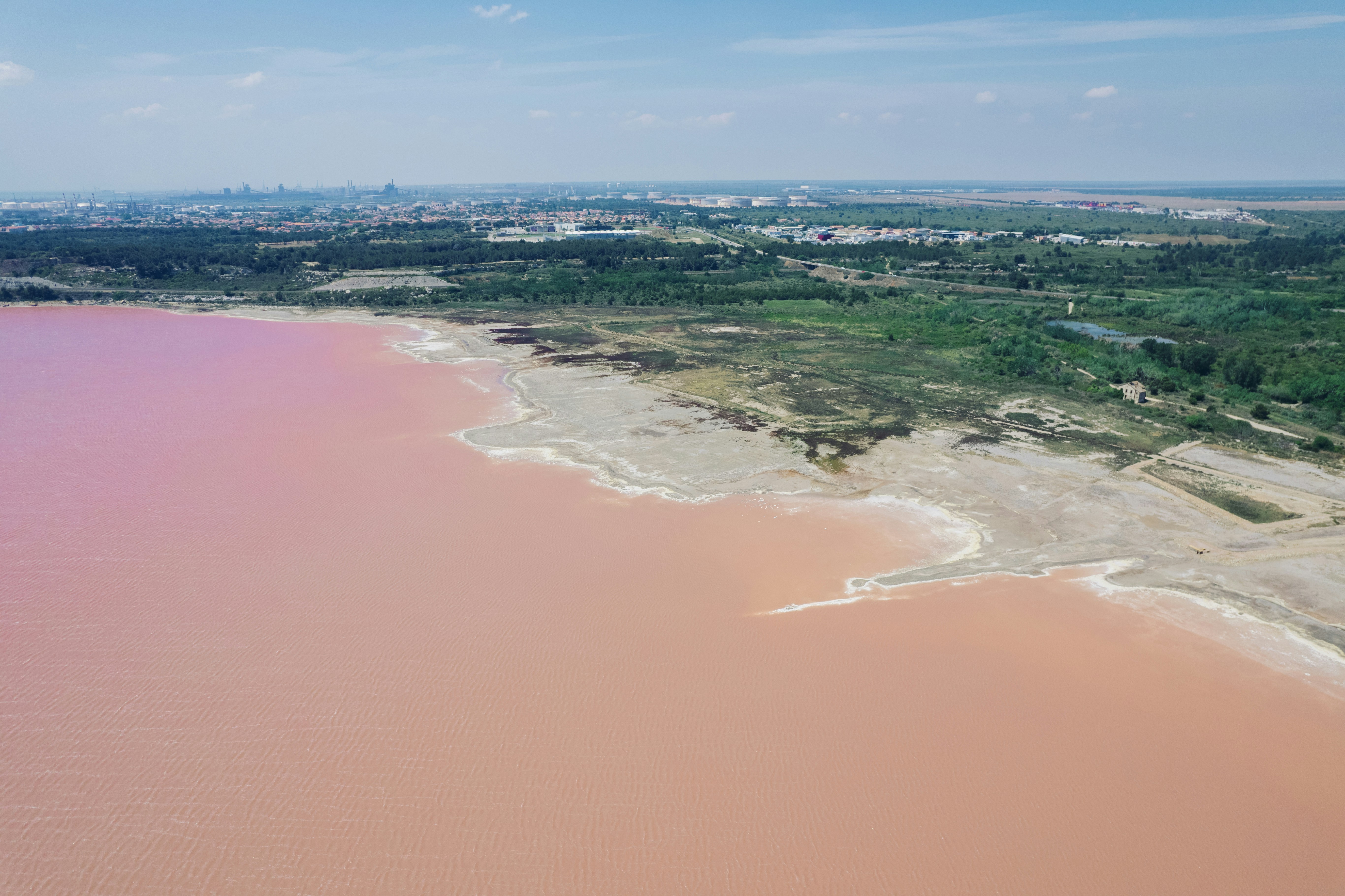 Neon Tide at the Pink Salt Lake: Aerial Vista of Water and Shore