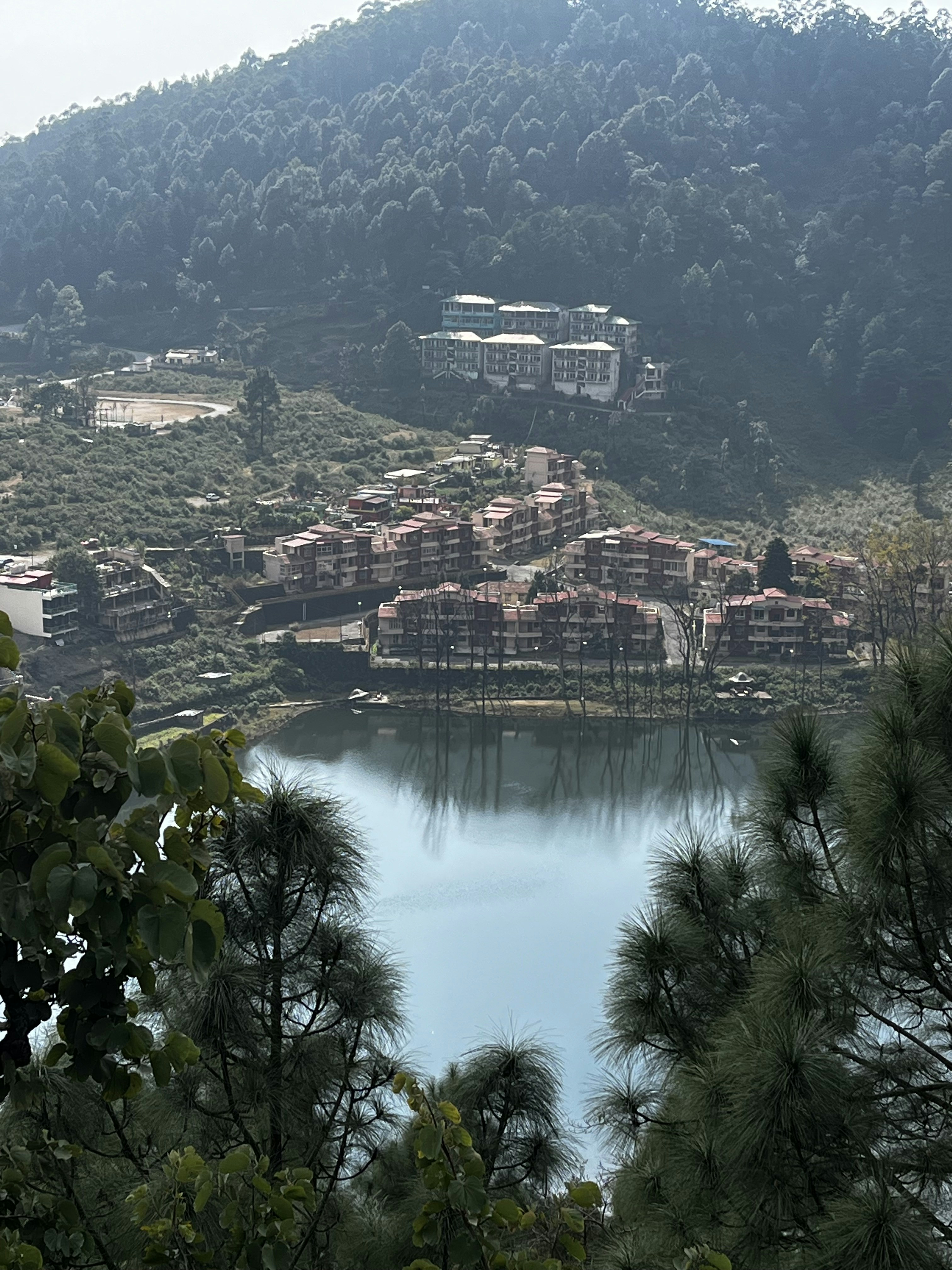 Hillside Hamlet Reflected: a pine-framed village by a glassy mountain lake