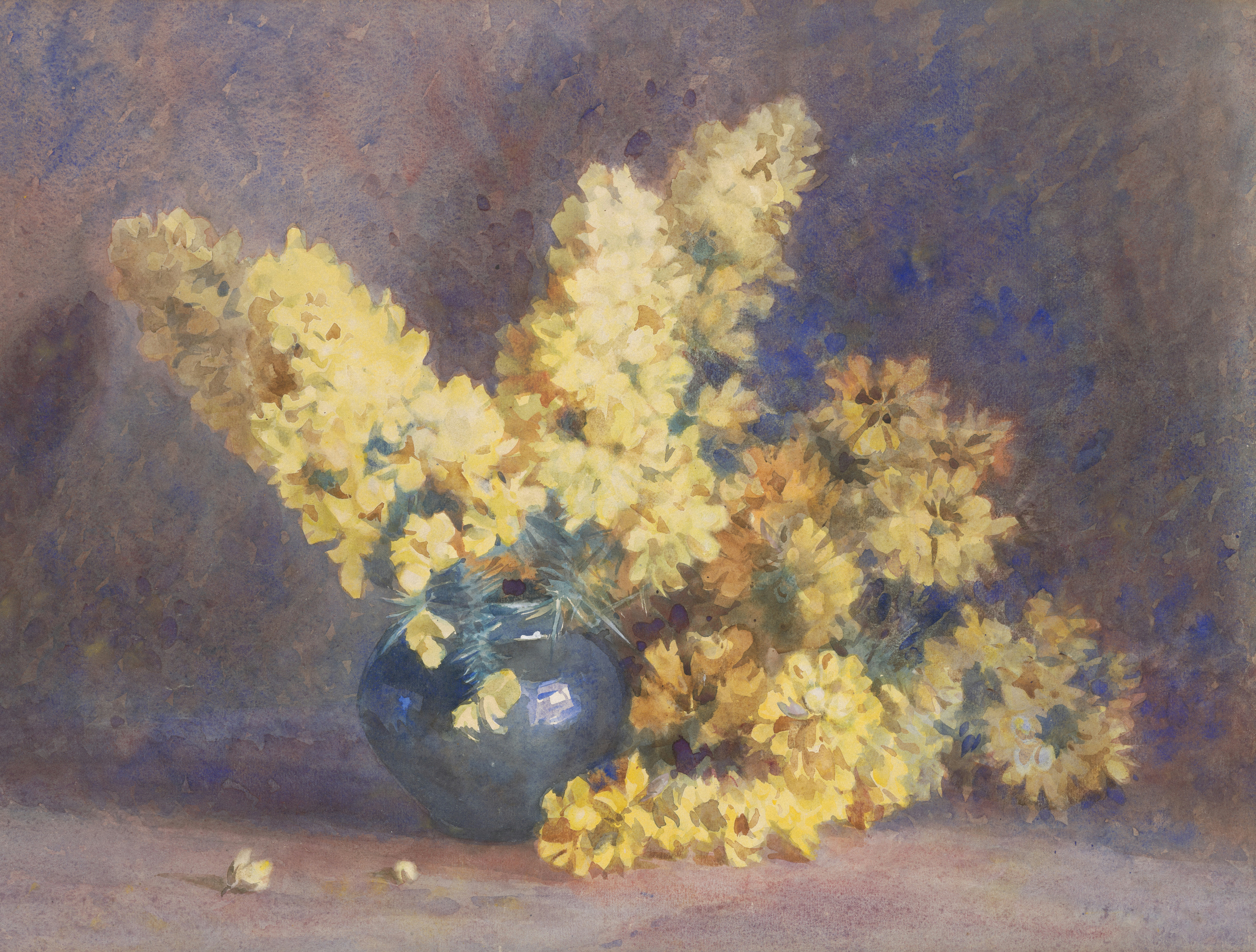 A still-life painting of vibrant yellow blossoms in a blue glazed vase, set against a soft, muted background.