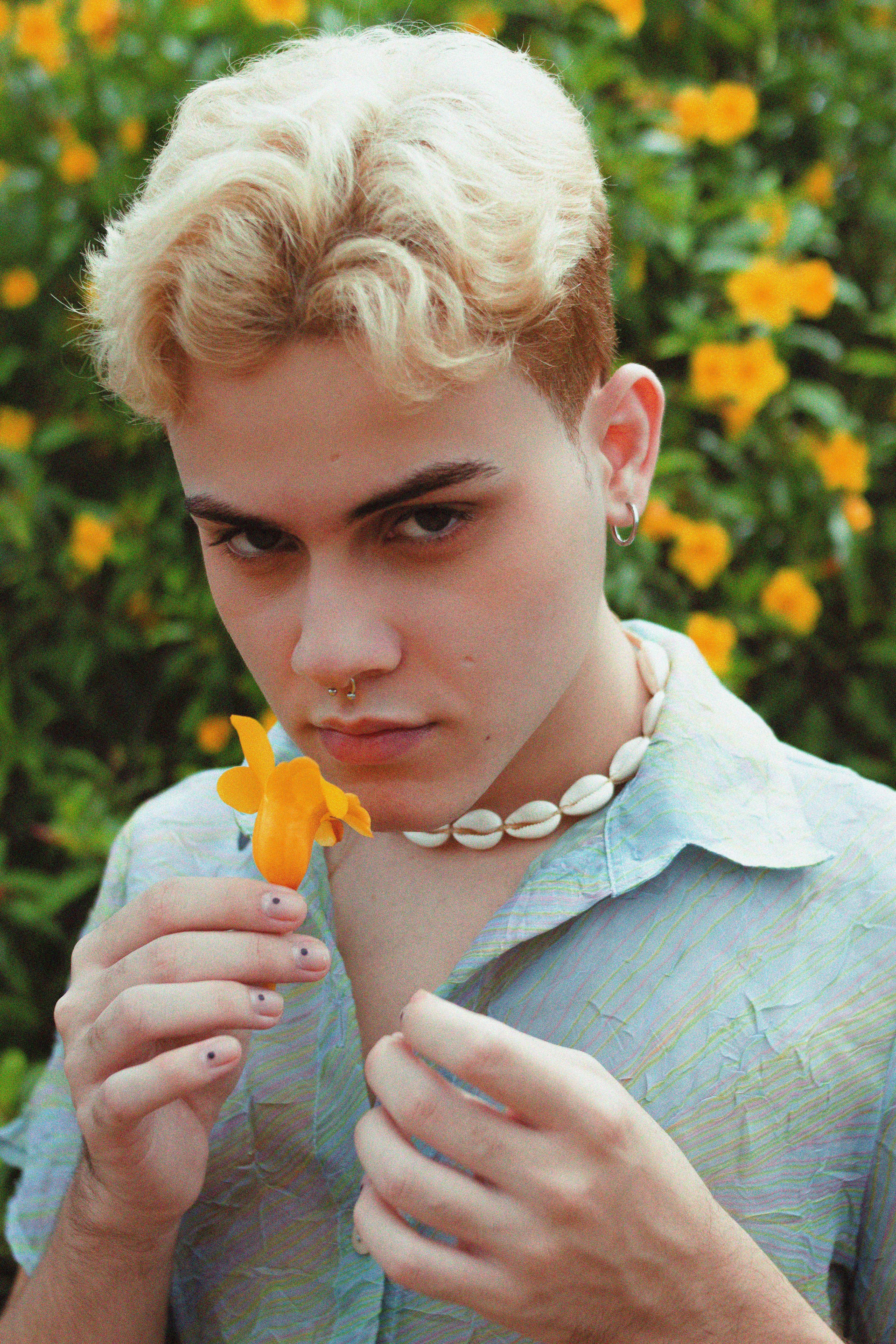 Gaze Between Petals: A Portrait Surrounded by Sunlit Yellow Blooms