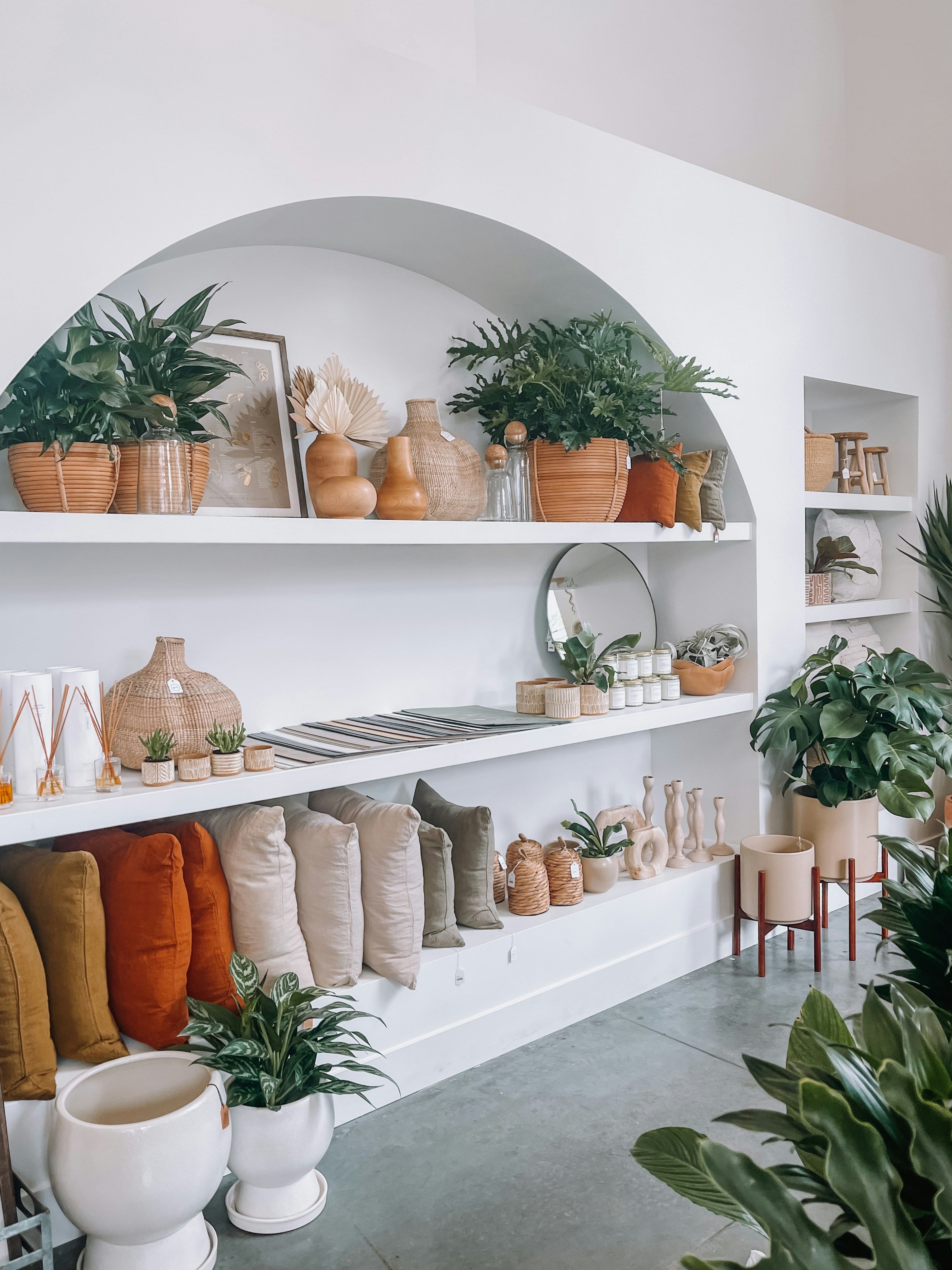 Stylish shelves adorned with plants, decorative vases, and cushions in earthy tones create a tranquil interior scene. A mirror reflects the soft light, enhancing the cozy ambiance.
