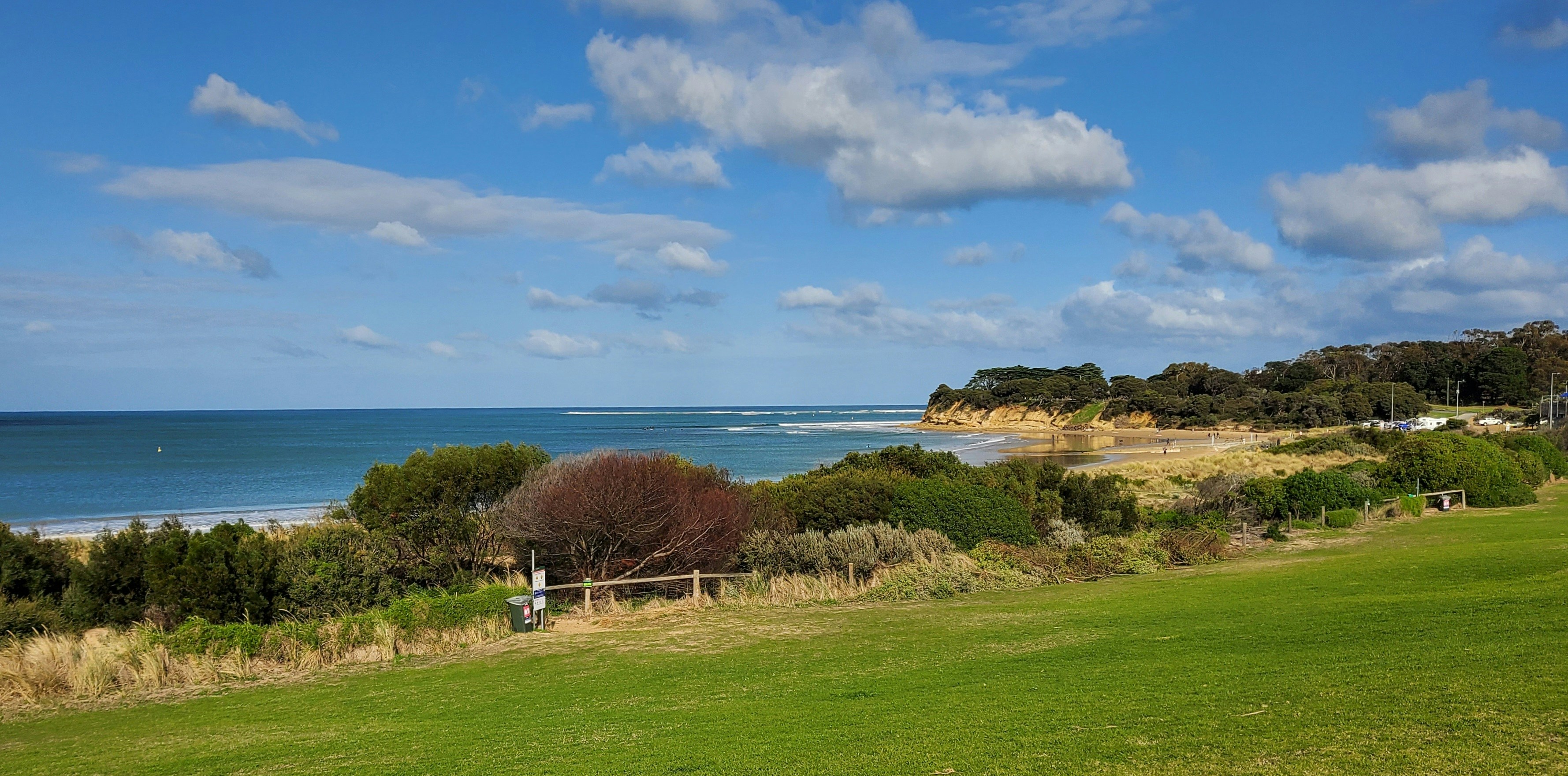 Lush green field meeting a tranquil blue ocean under a sky dotted with fluffy clouds.