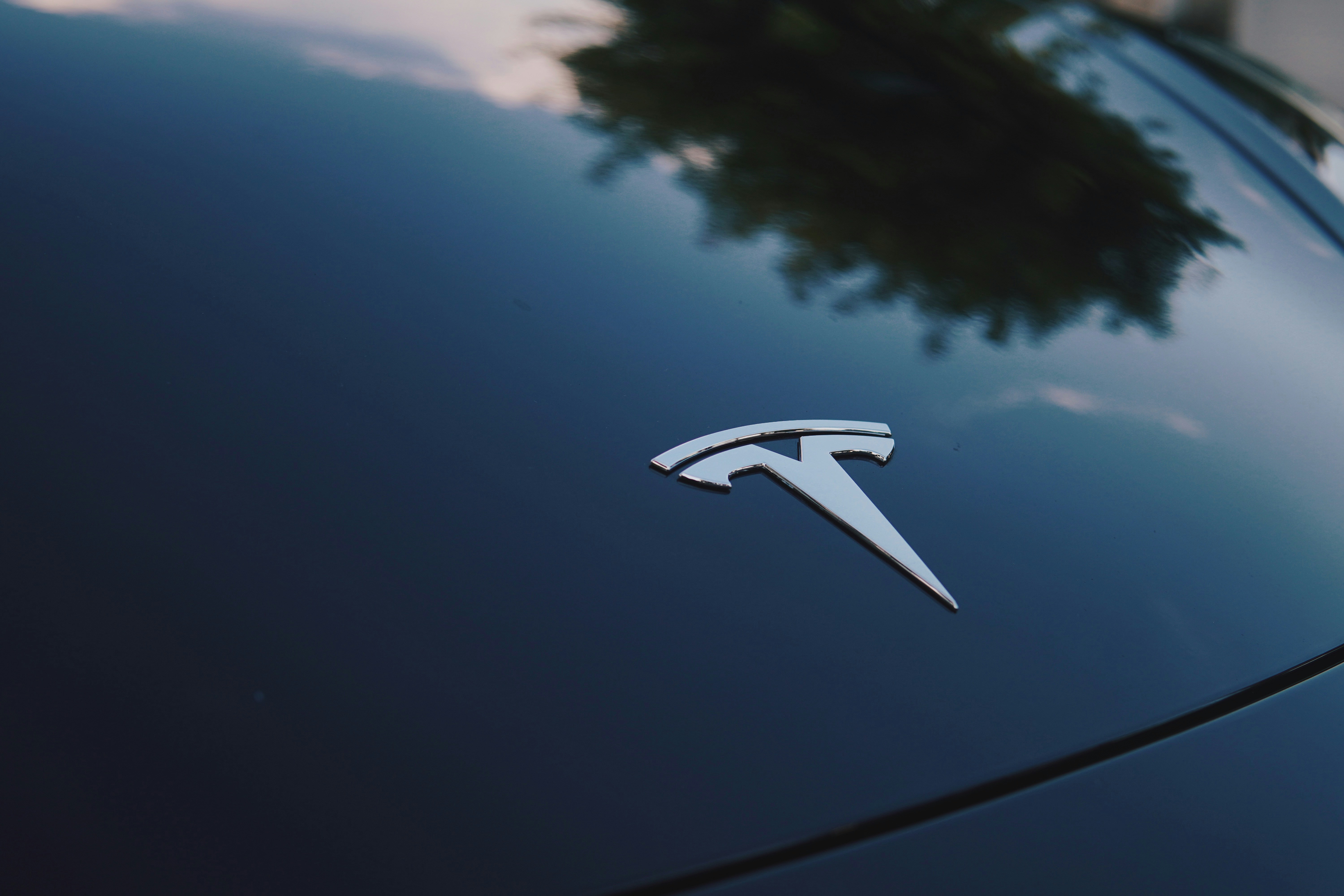 A close up of a tesla logo on the hood of a car photo – Free Tesla ...