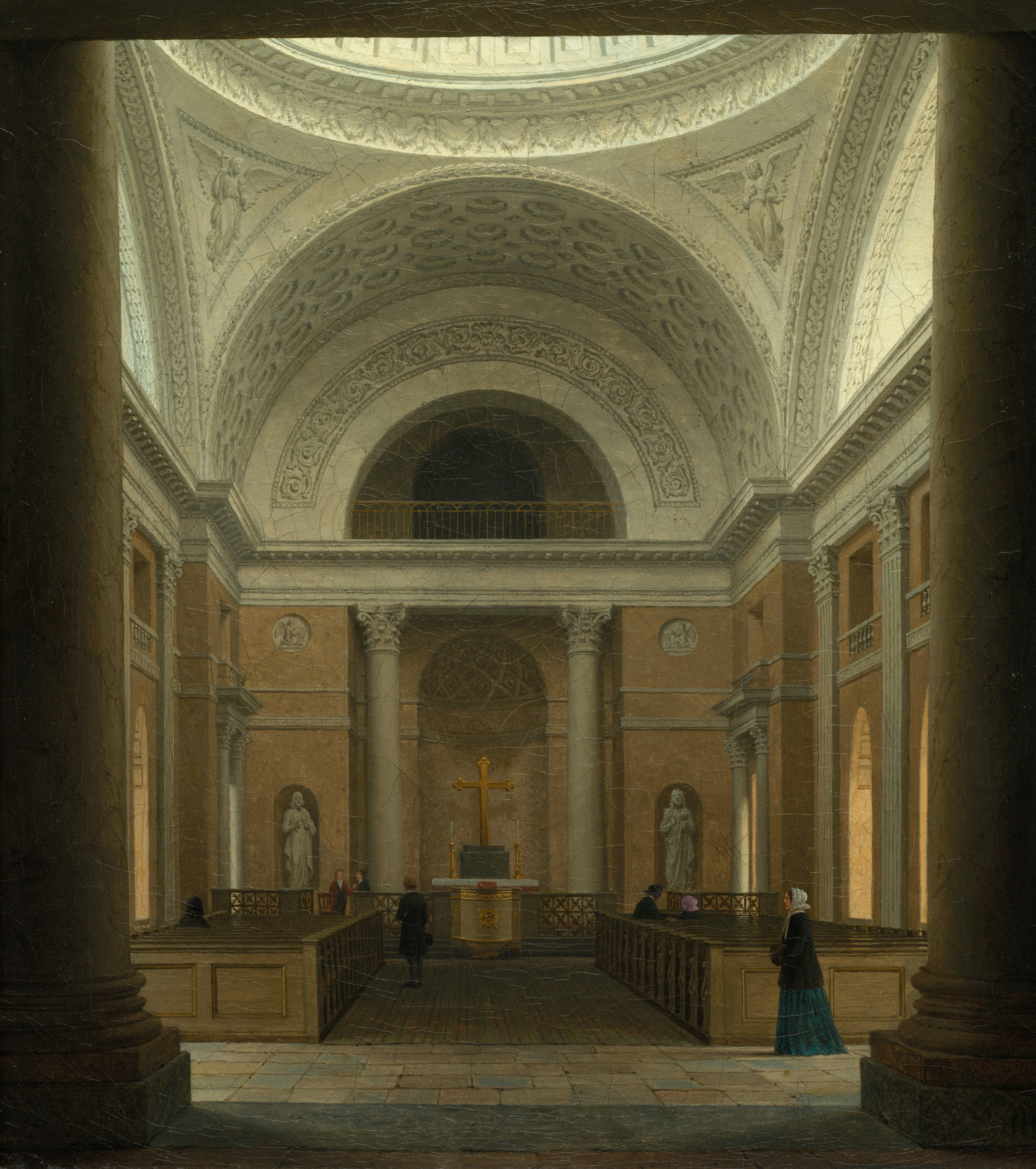 Intricate architectural details of a grand church interior featuring a central cross and statues, with visitors reflecting on the serene atmosphere.