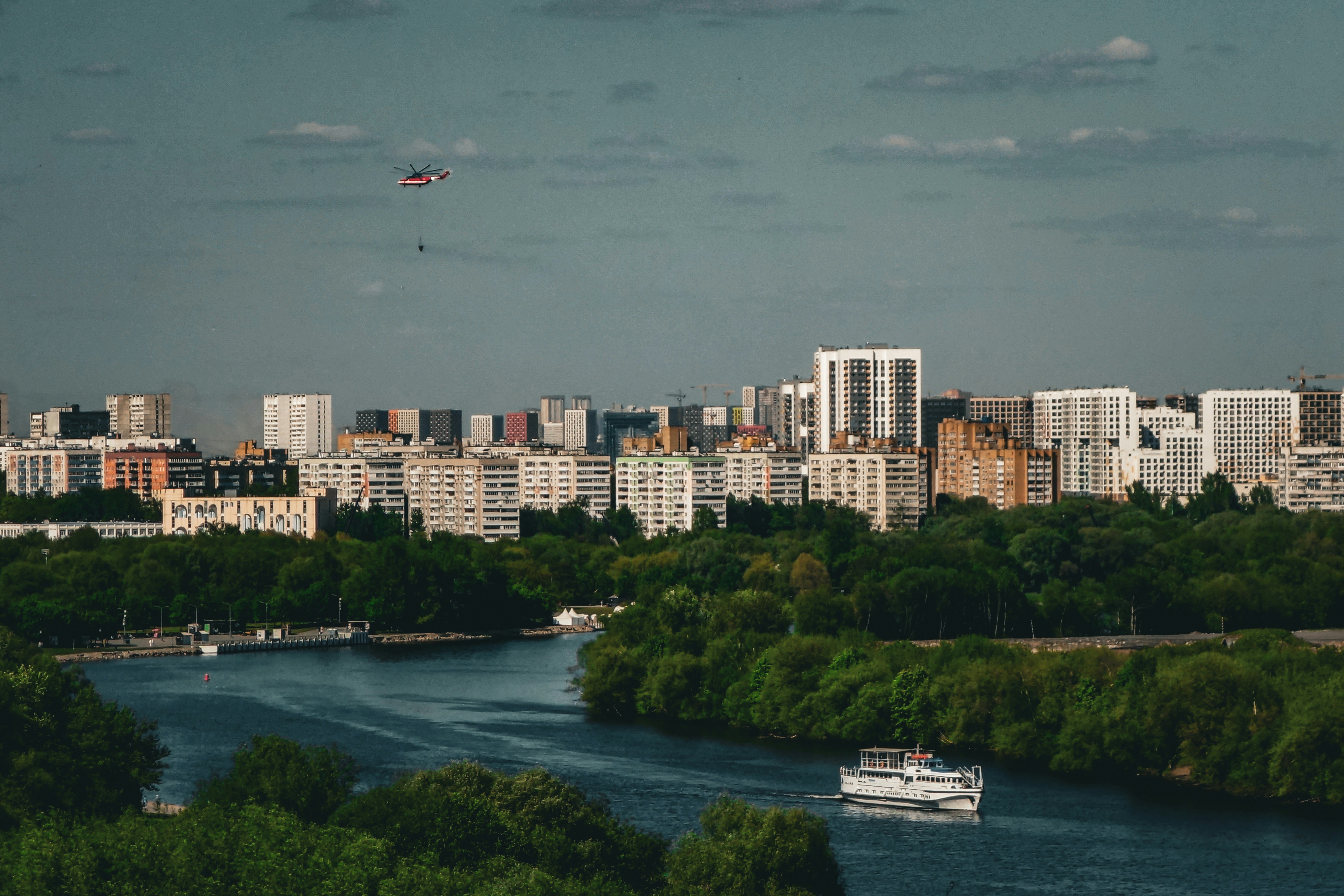Helicopter Above the Riverfront: A City Portrait