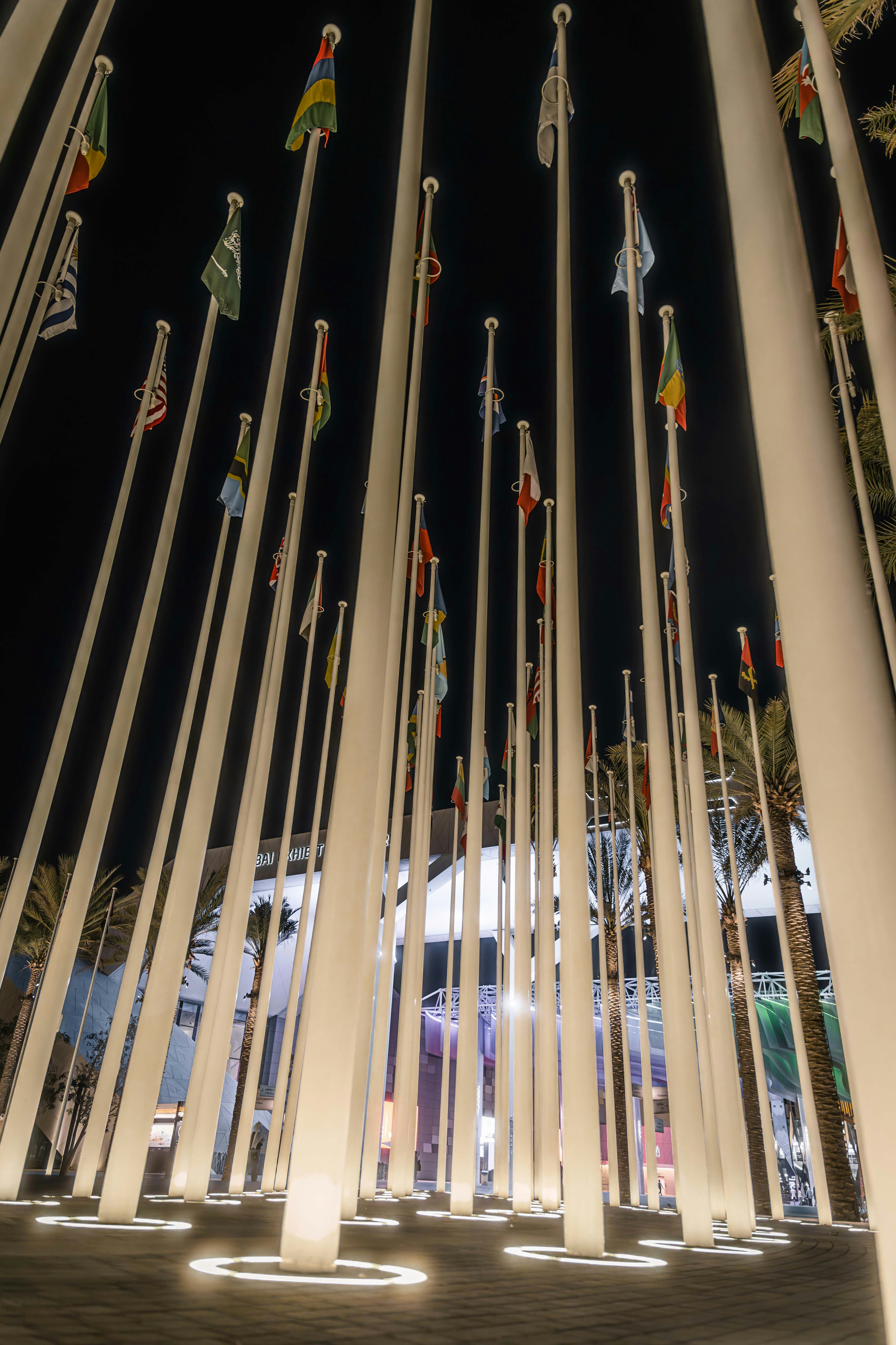 Night Garden of Flagpoles: Illuminated Vertical Spires Framing a Globe of Flags