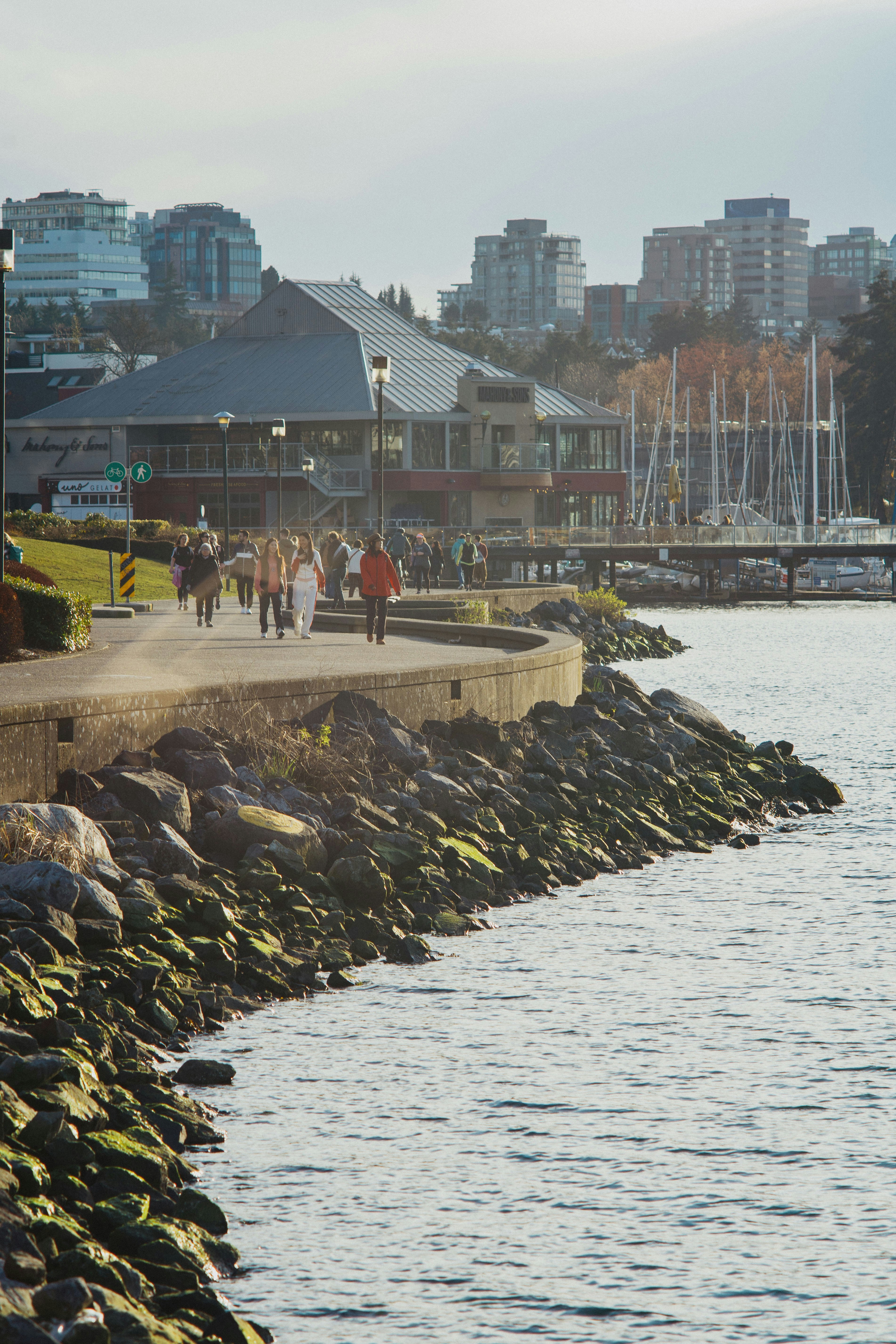 Harborfront Stroll: People, Boats, and the City in Soft Light