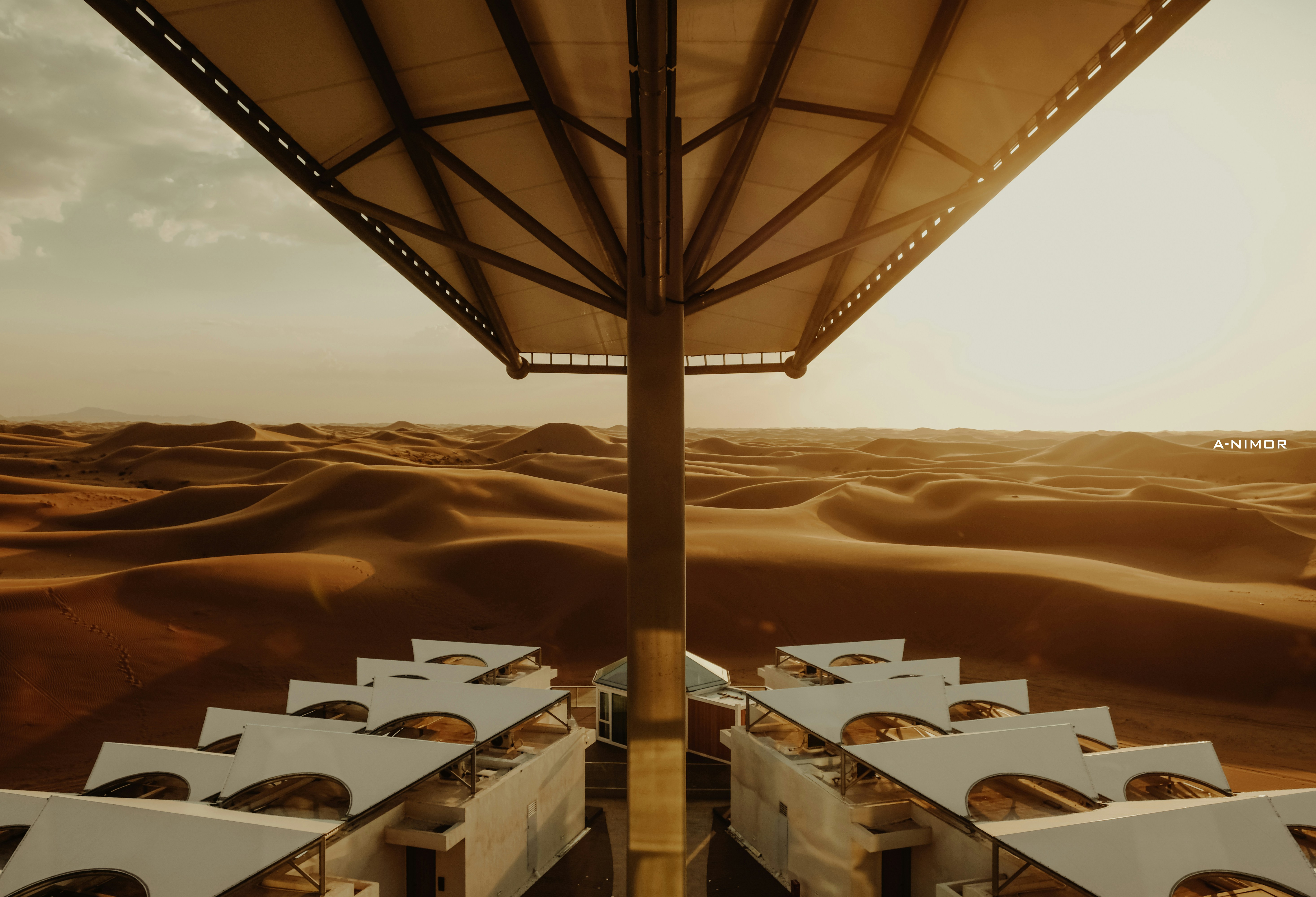A desert setting with tables and chairs under a canopy photo – Free ...