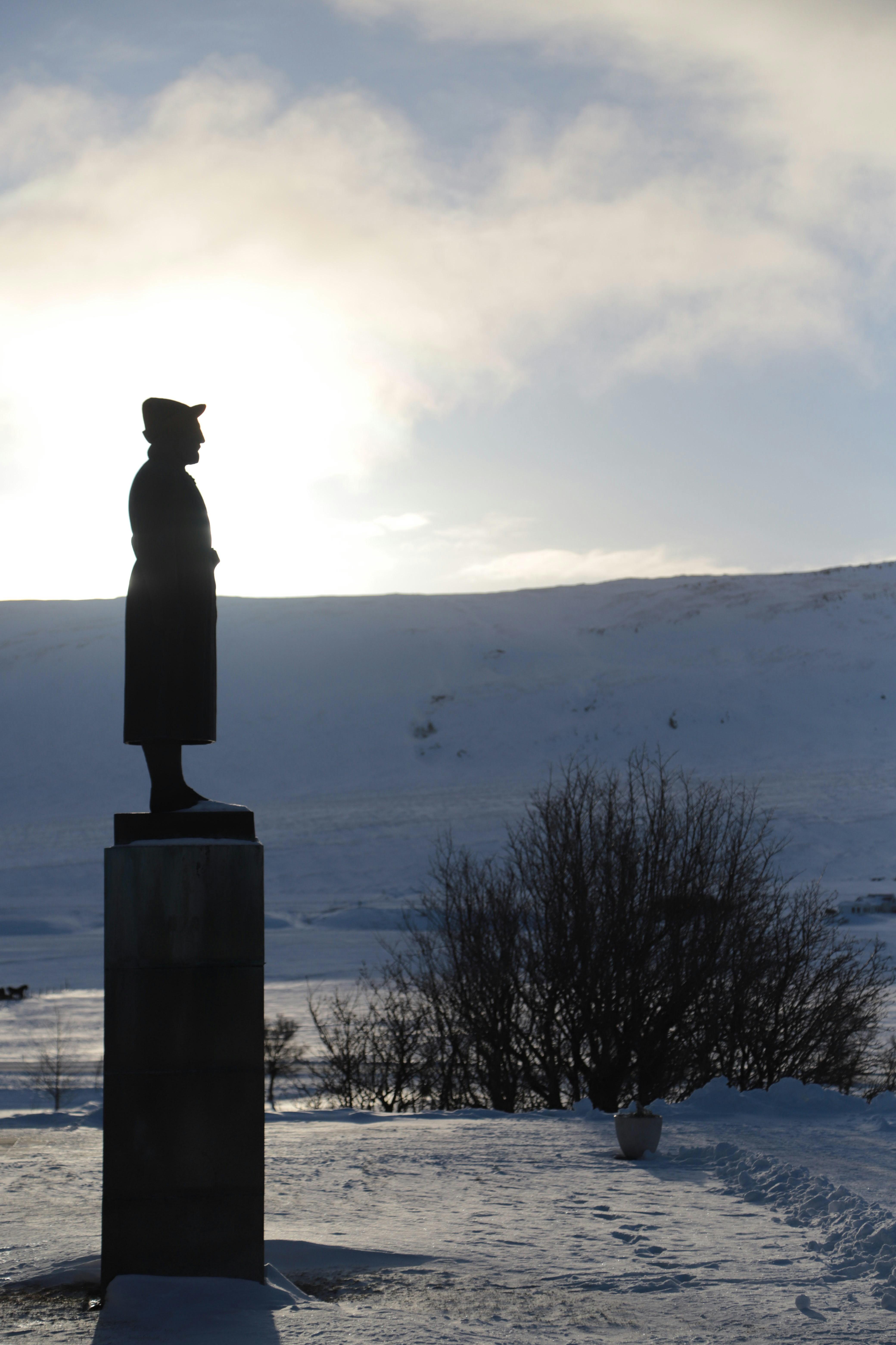 Winter Sentinel: Silhouette Statue Crowned by a Low Winter Sun