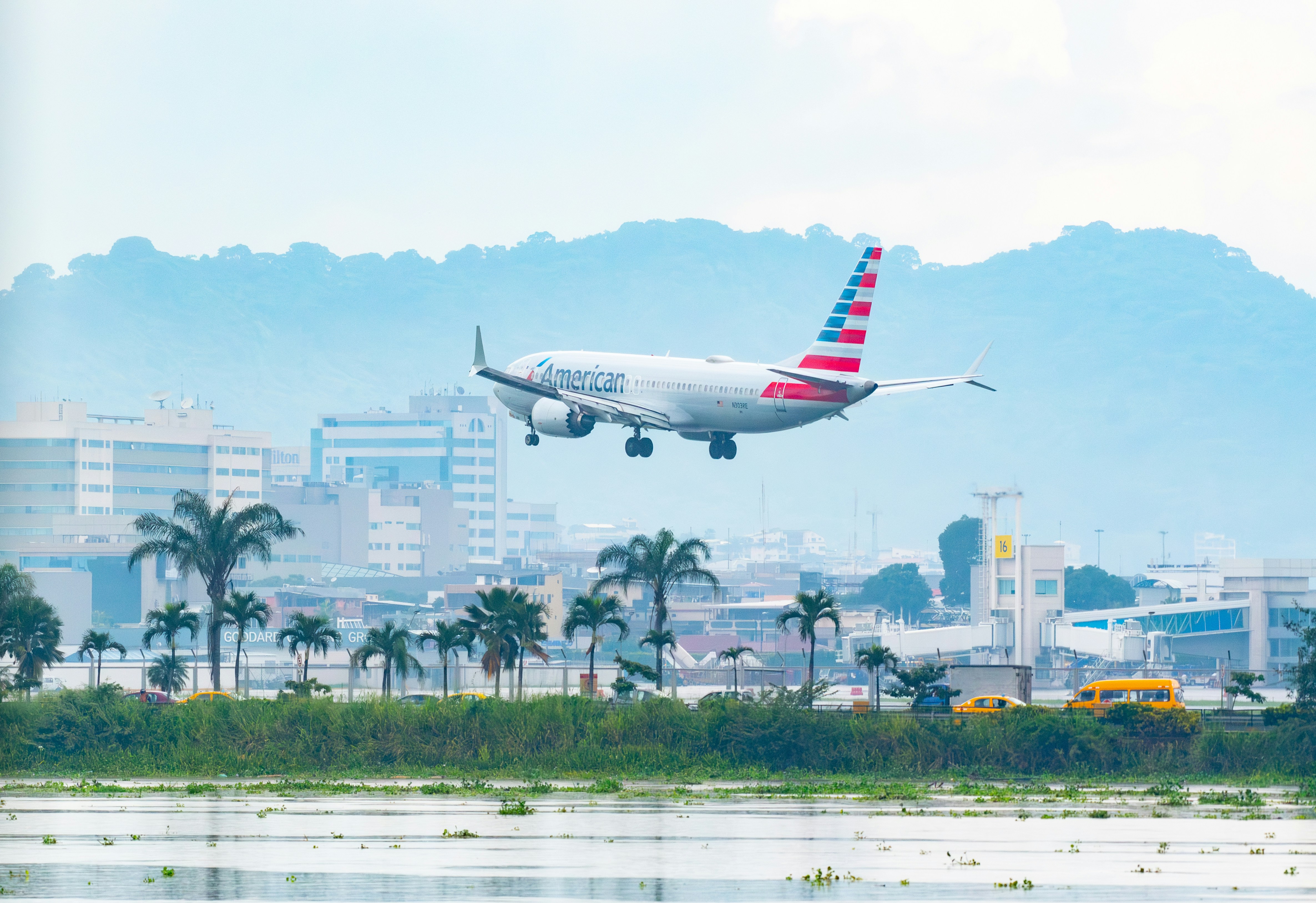 Airplane flying above a cityscape with palm trees and distant mountains.