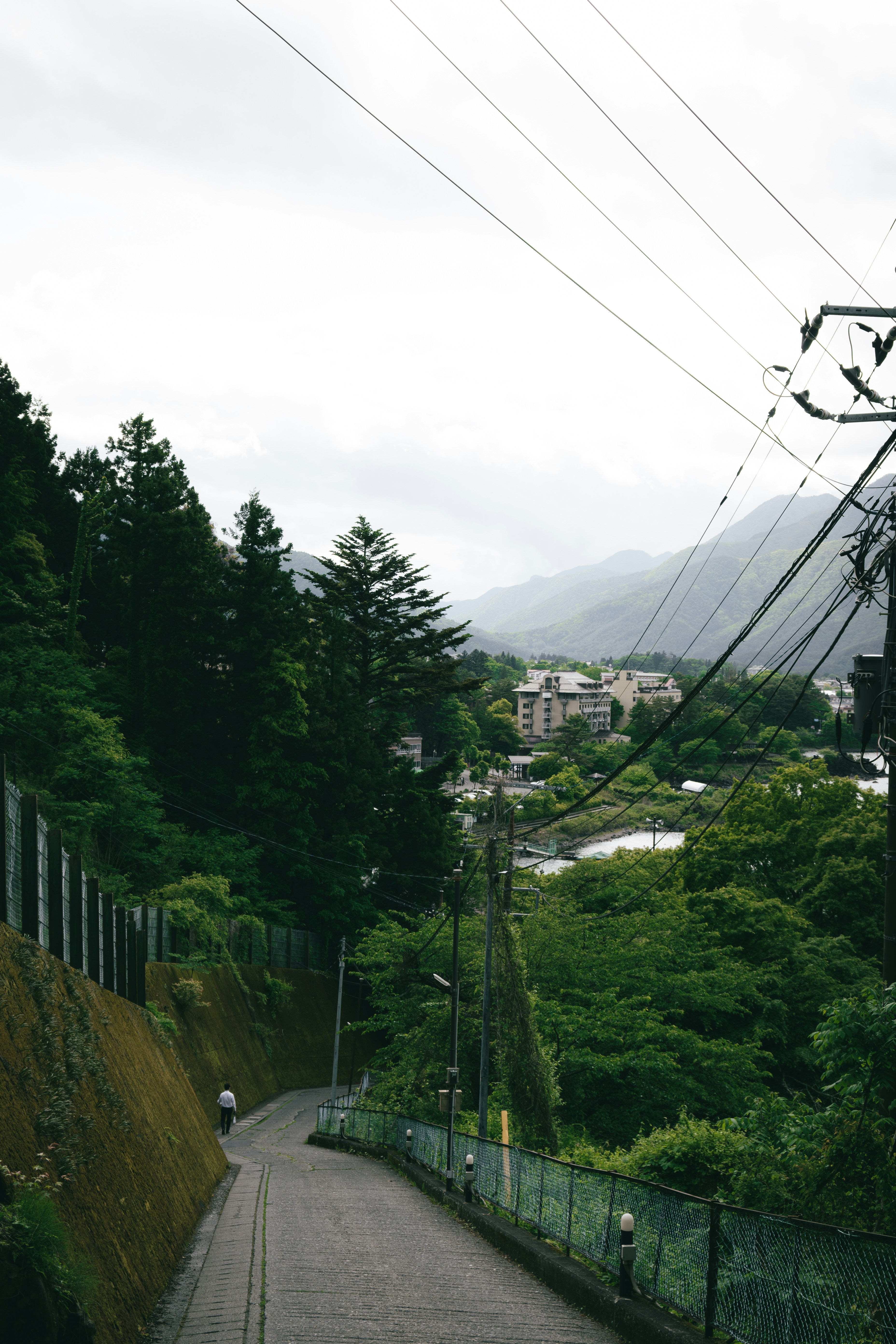 Crisscrossed Horizon: A Quiet Mountain Path Through Green Slopes Toward a Distant Town