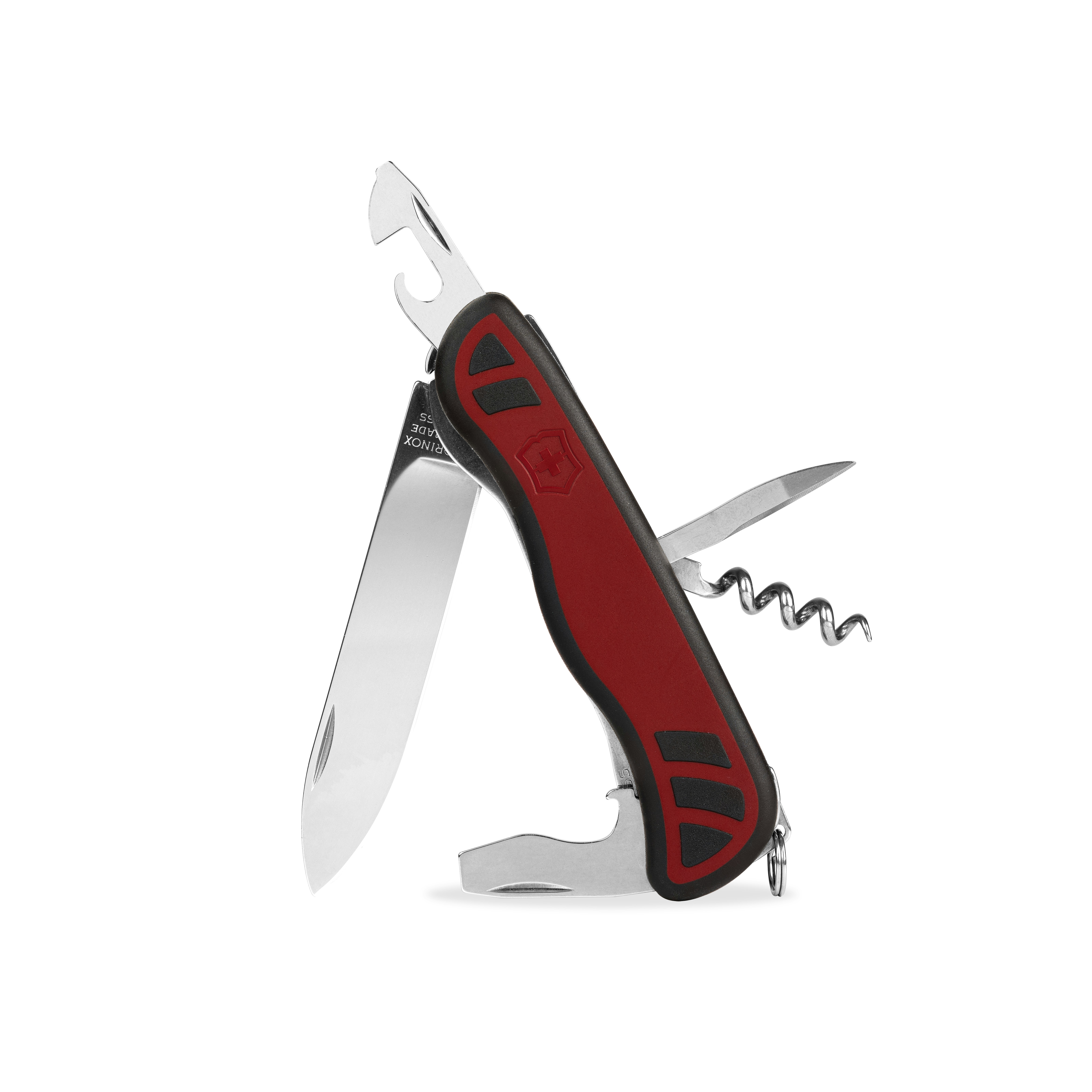 Product photograph of a red-and-black multi-tool with extended blades and corkscrew against a clean white background.