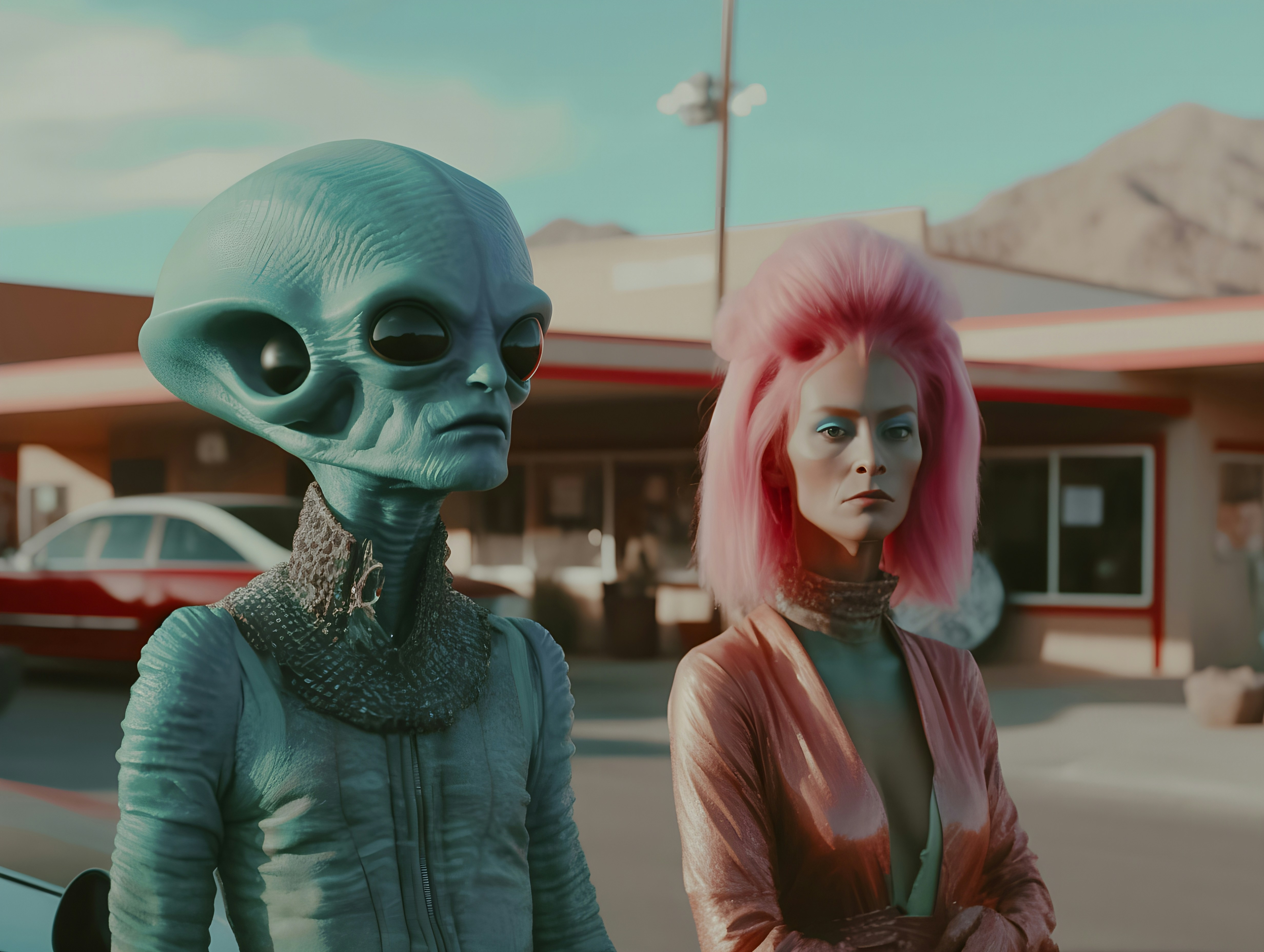 Alien and woman with pink hair stand together. photo – Free Desert ...