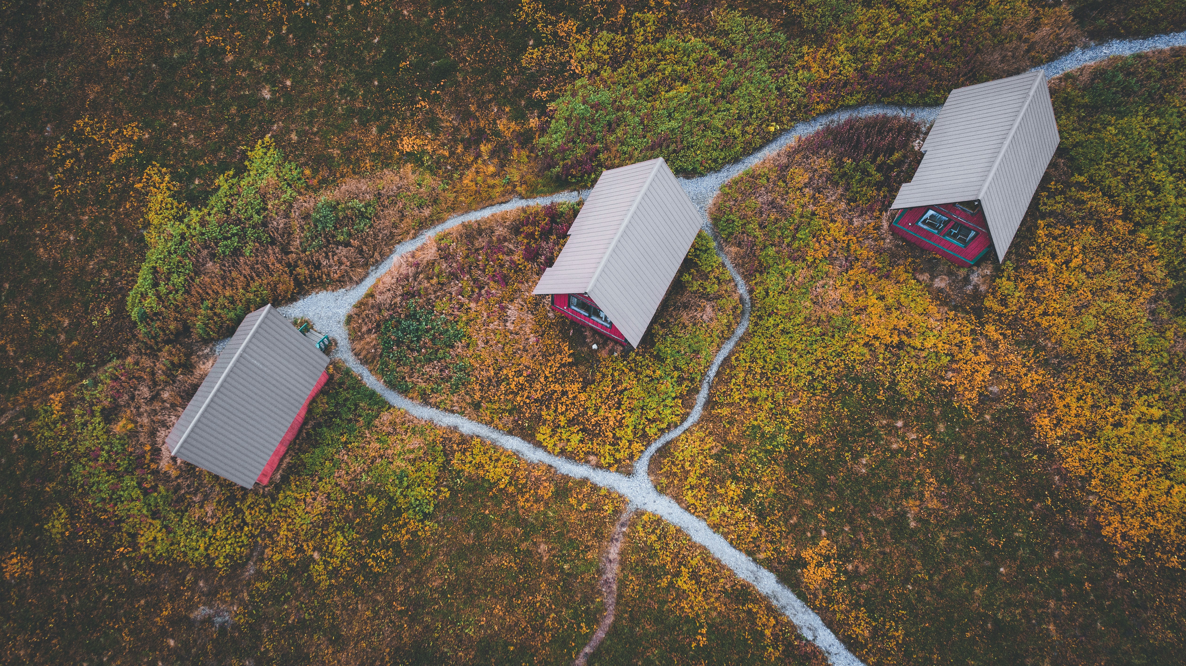 Drone view of cabins during peak foliage in Hatcher Pass, Alaska.