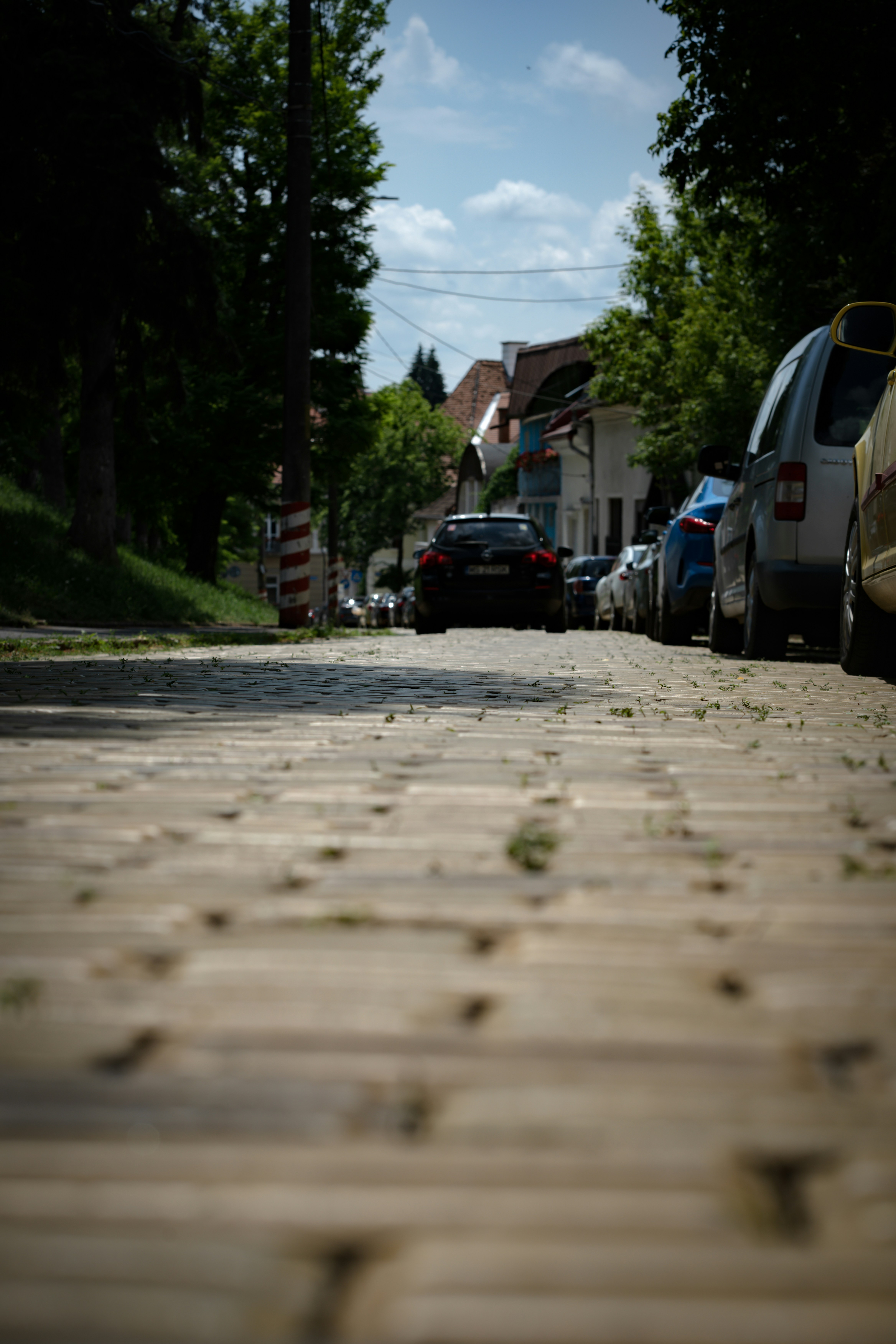 Cobblestone Corridor: A Low-Angle View Toward a Distant Car