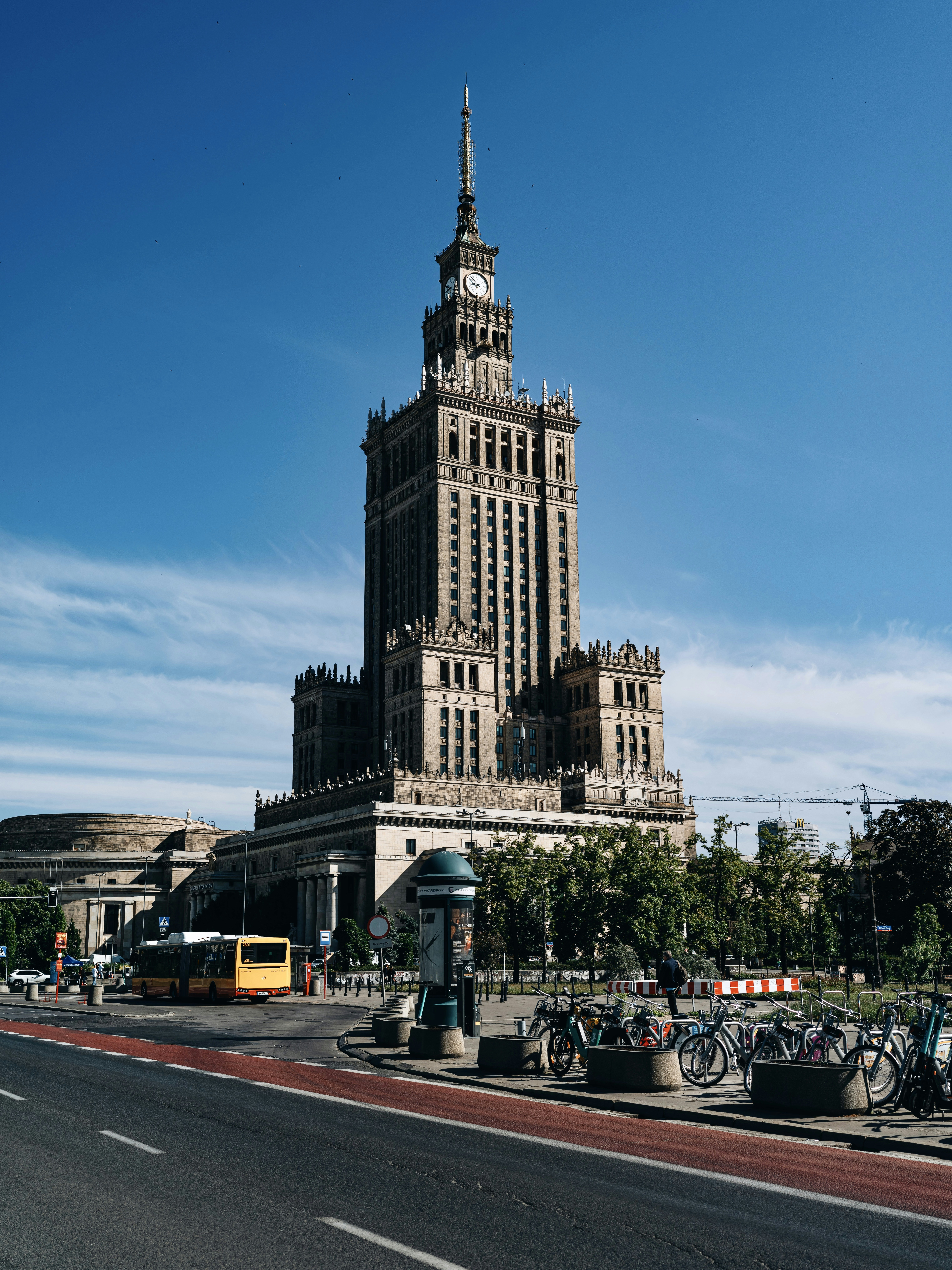 Spire Against the Blue: Warsaw's Palace of Culture and Science in Sunlit Detail