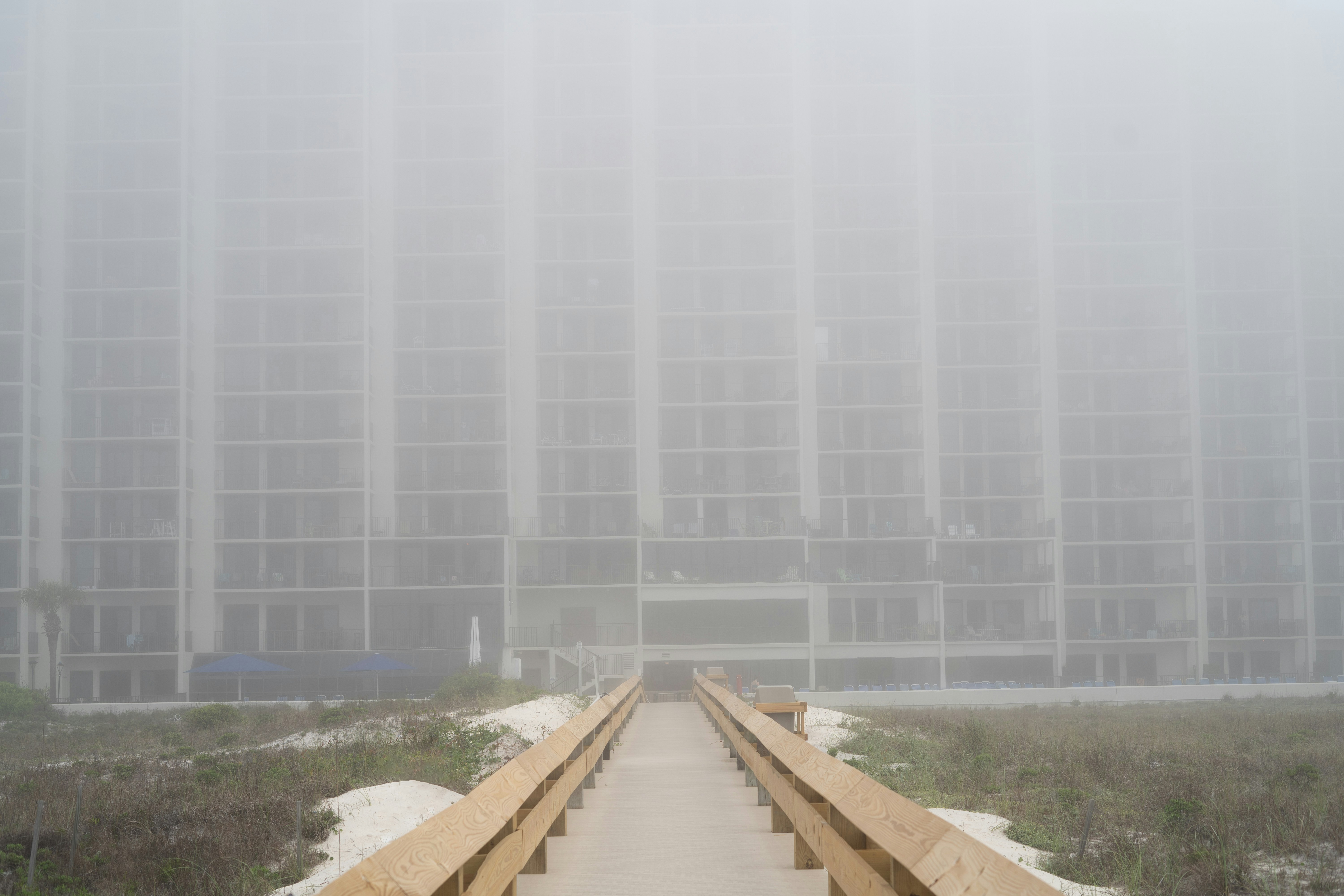 A foggy day in front of a large building photo – Free Beach Image on ...