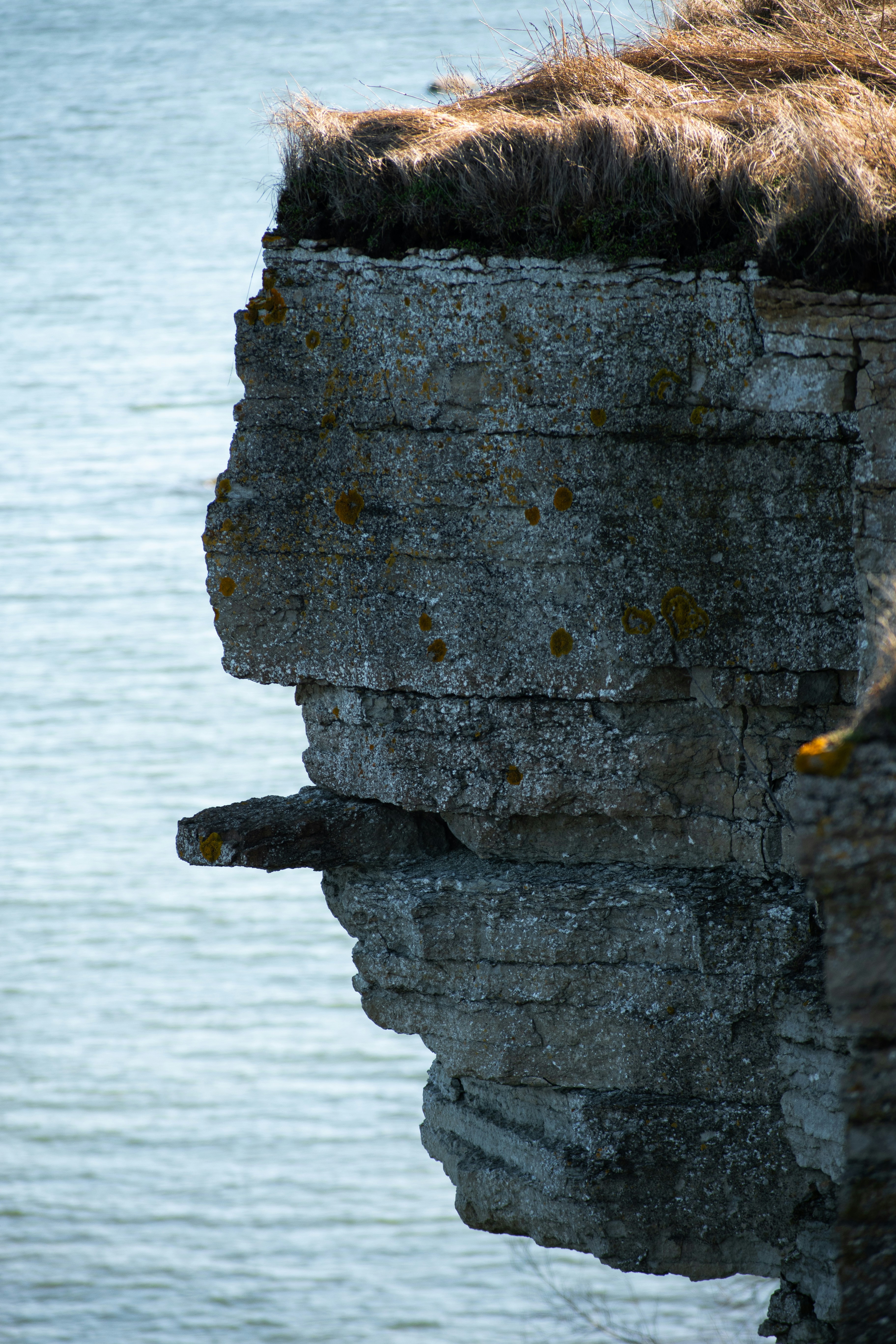A rock cliff with grass growing on top of it photo – Free Cliff Image ...