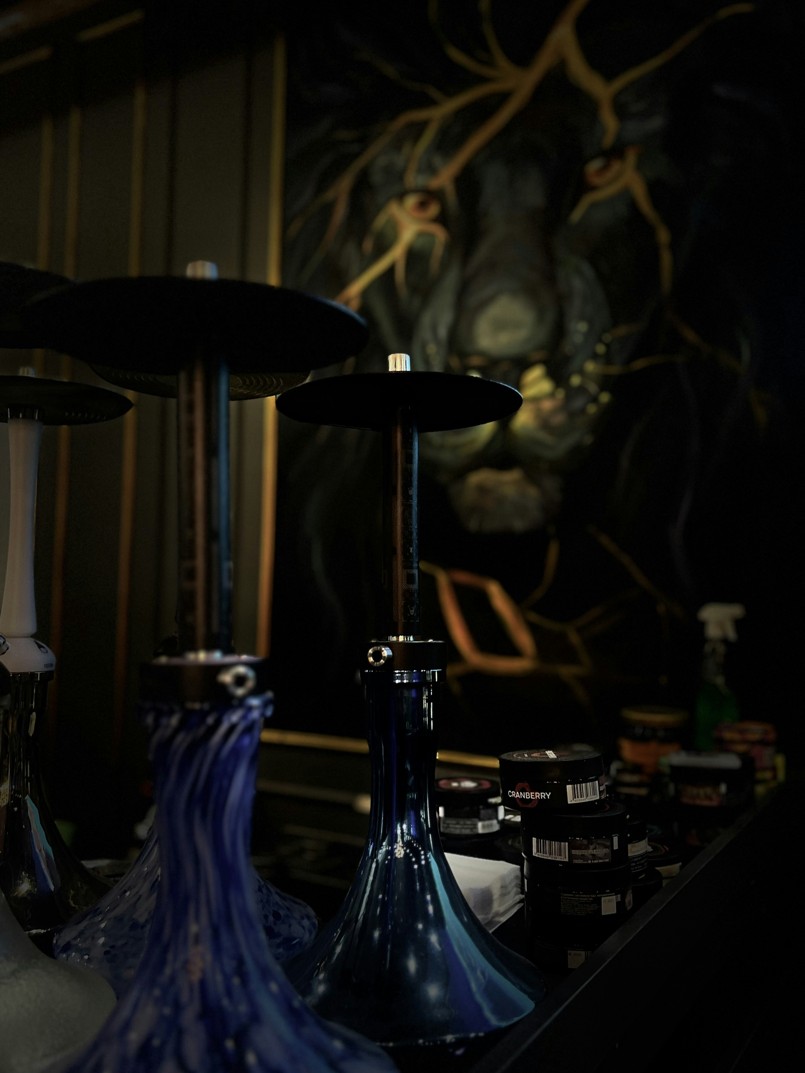Midnight Blue Hookahs in Velvet Shadows: A Close-Up Still Life