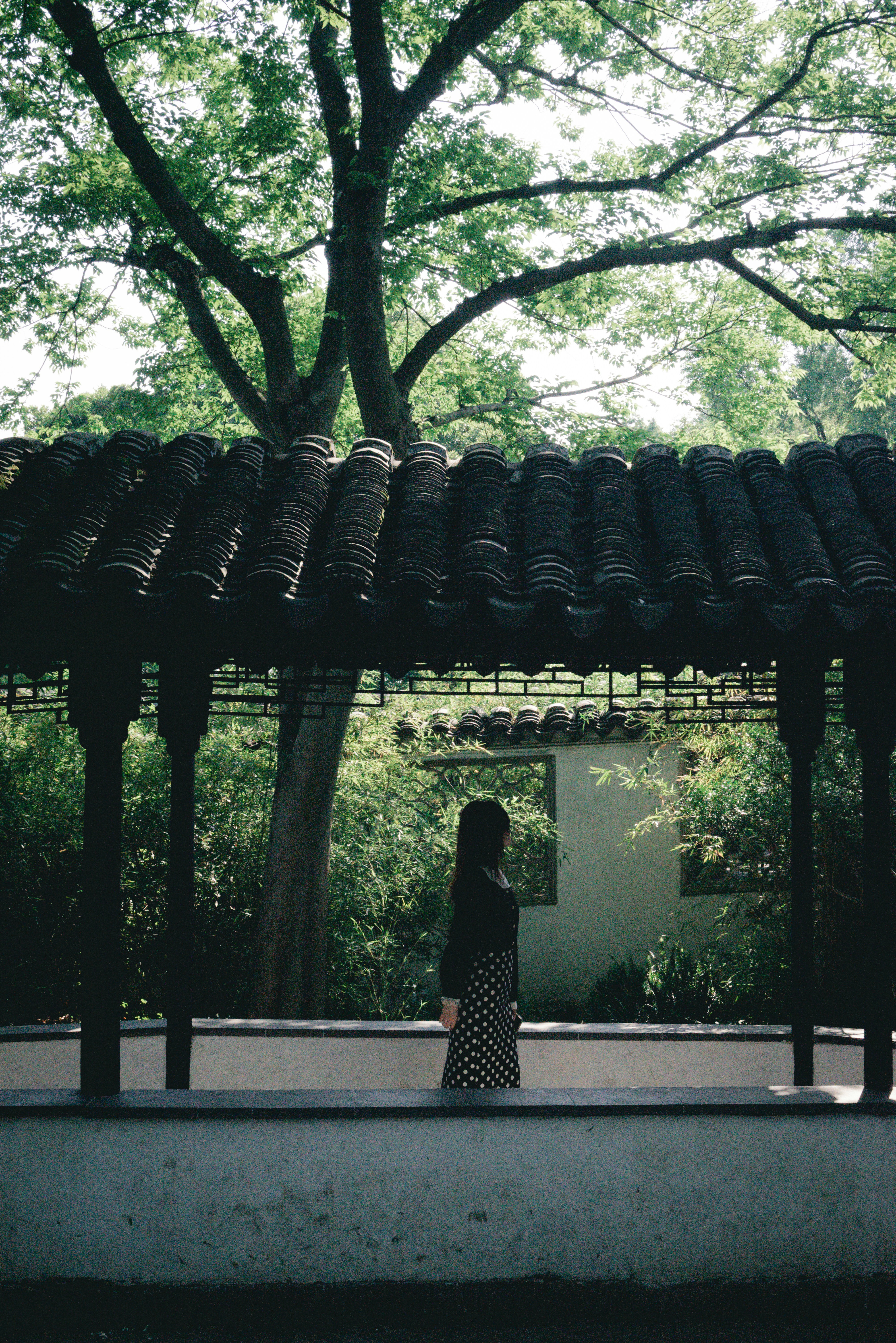 Tile-Canopy Solitude: A Figure Beneath the Pavilion