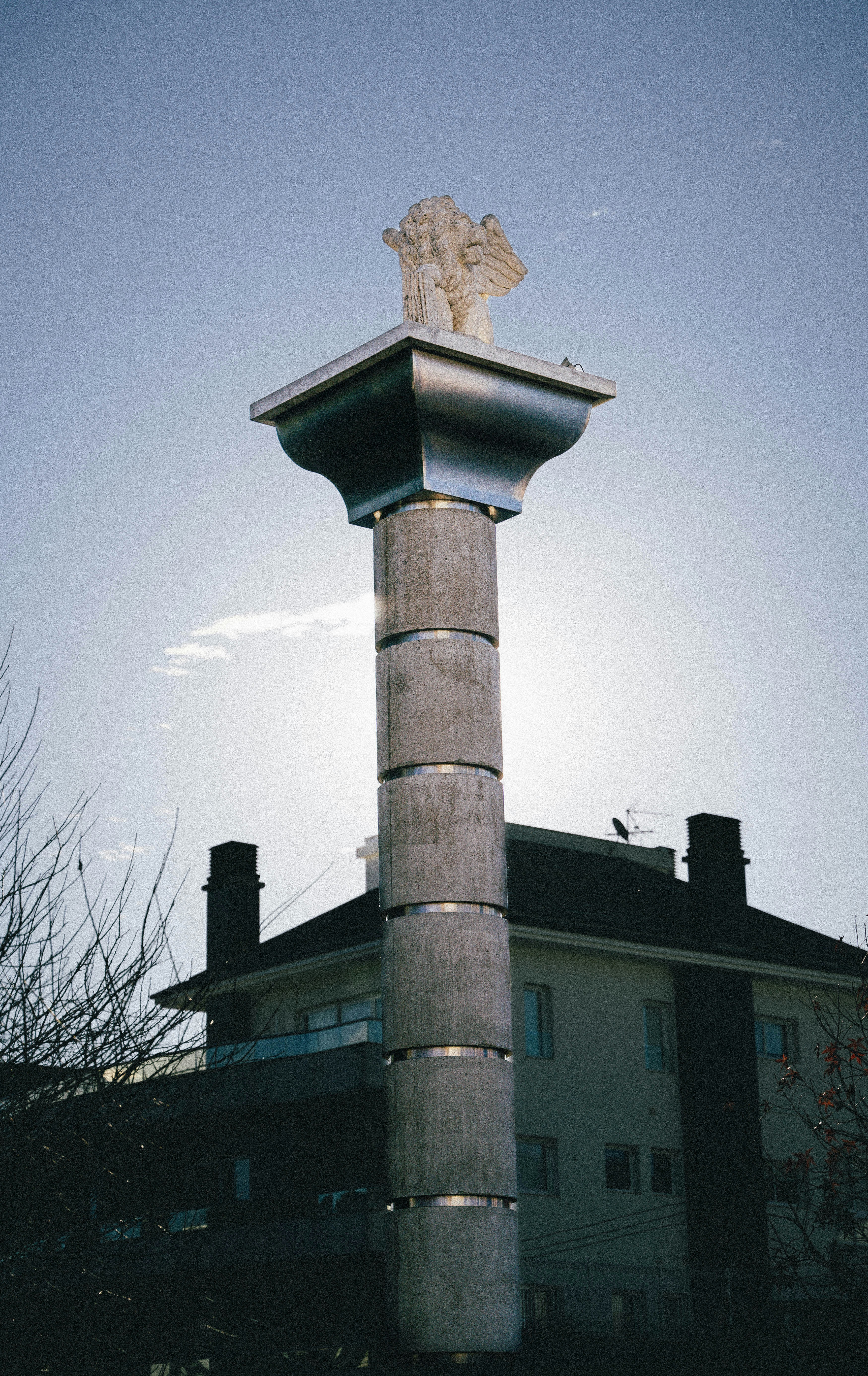 Stone Sentinel: Column Statue Piercing the Urban Sky