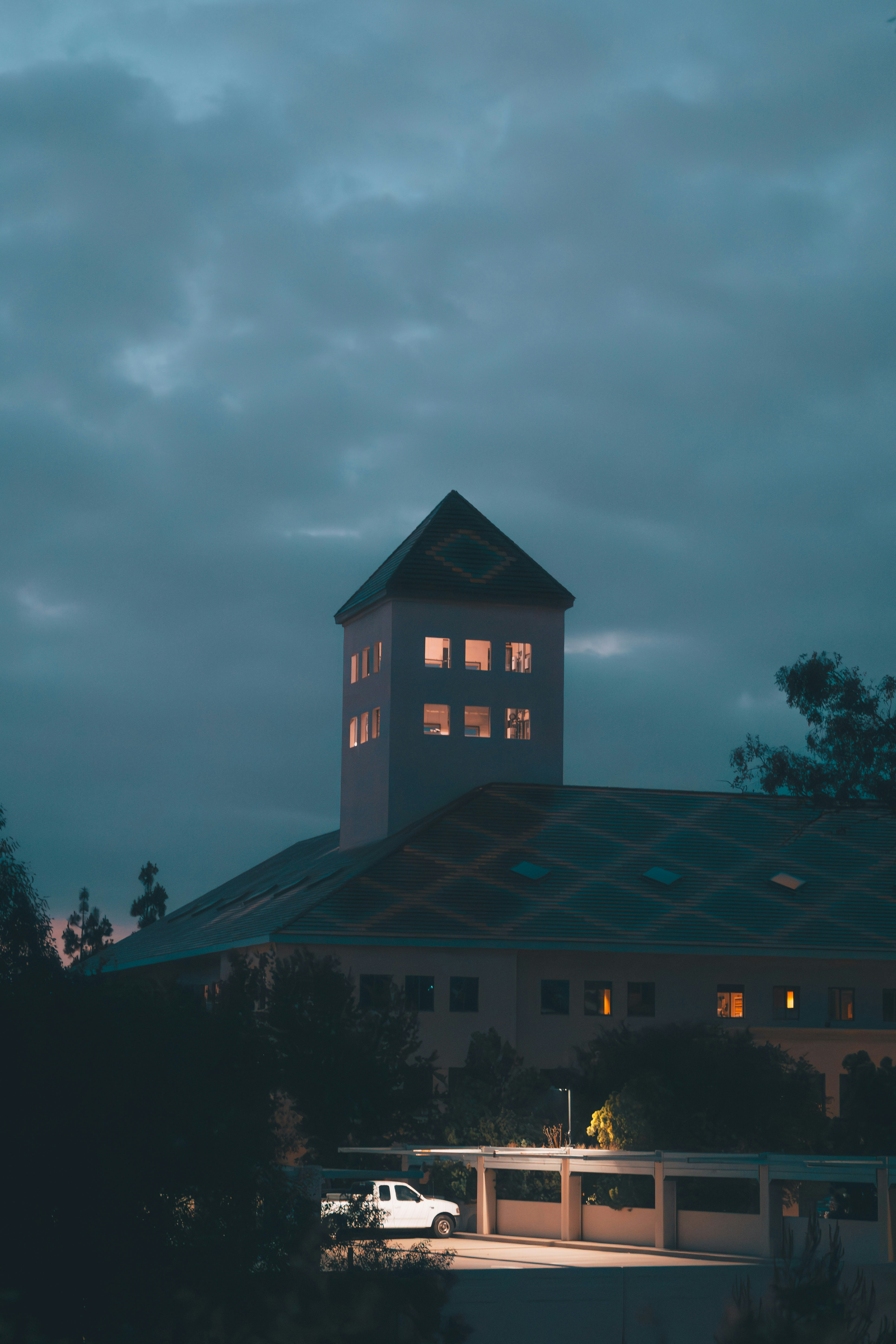 Evening Lanterns in a Quiet Campus Belfry