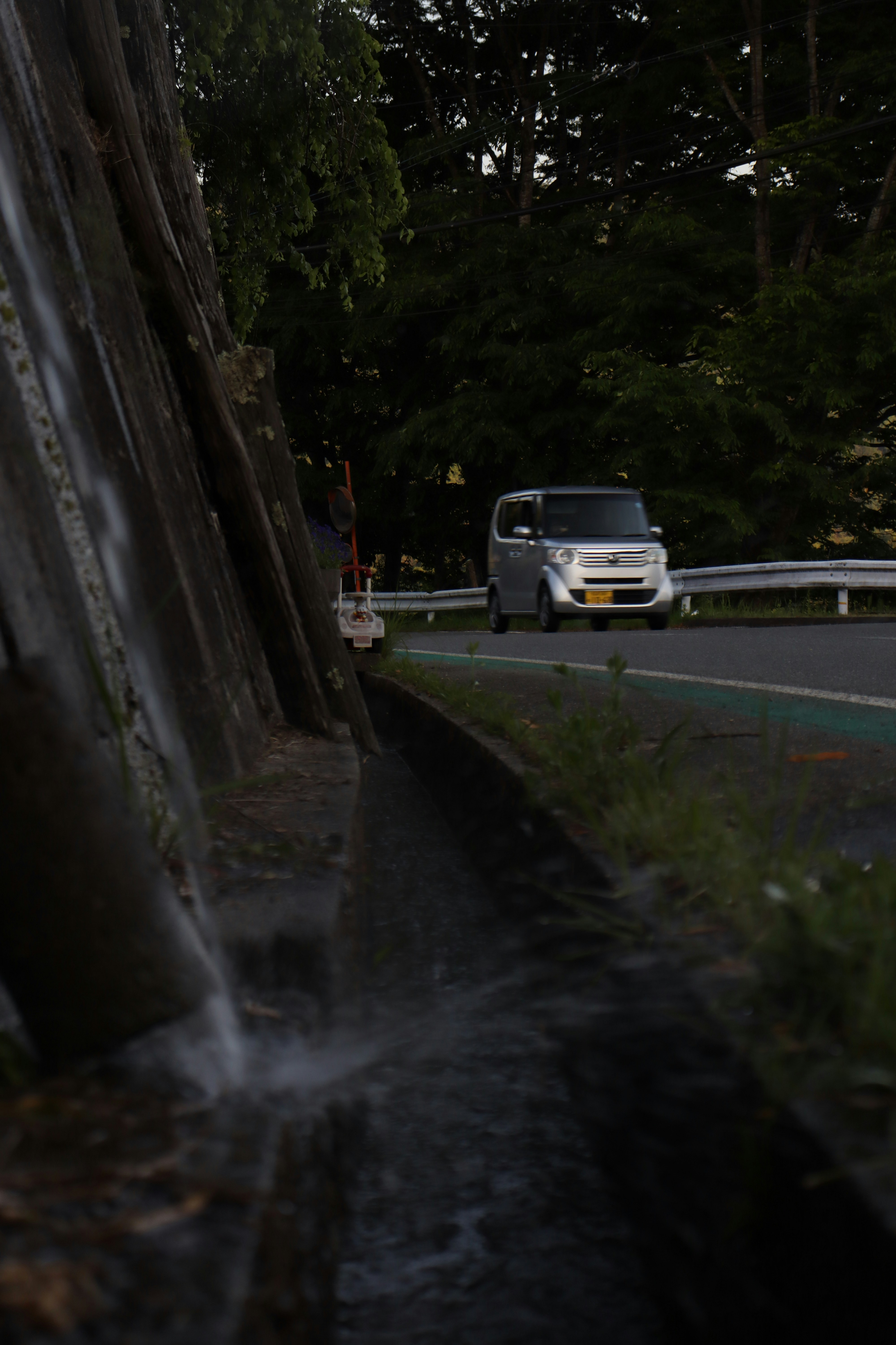 Silver Minivan Bends Through a Forested Curve