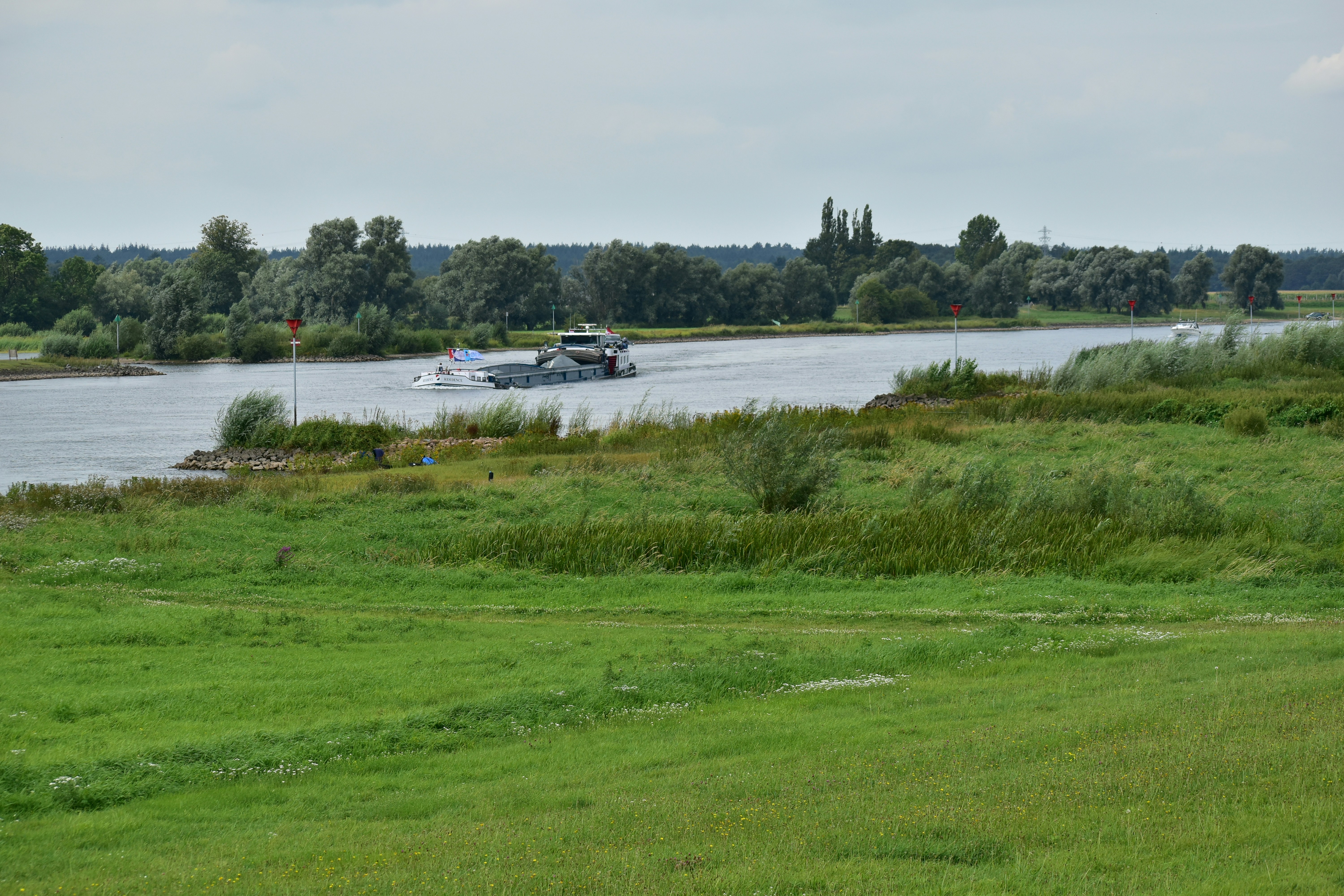 Boat cruising along a river beside a lush green field under a cloudy sky.