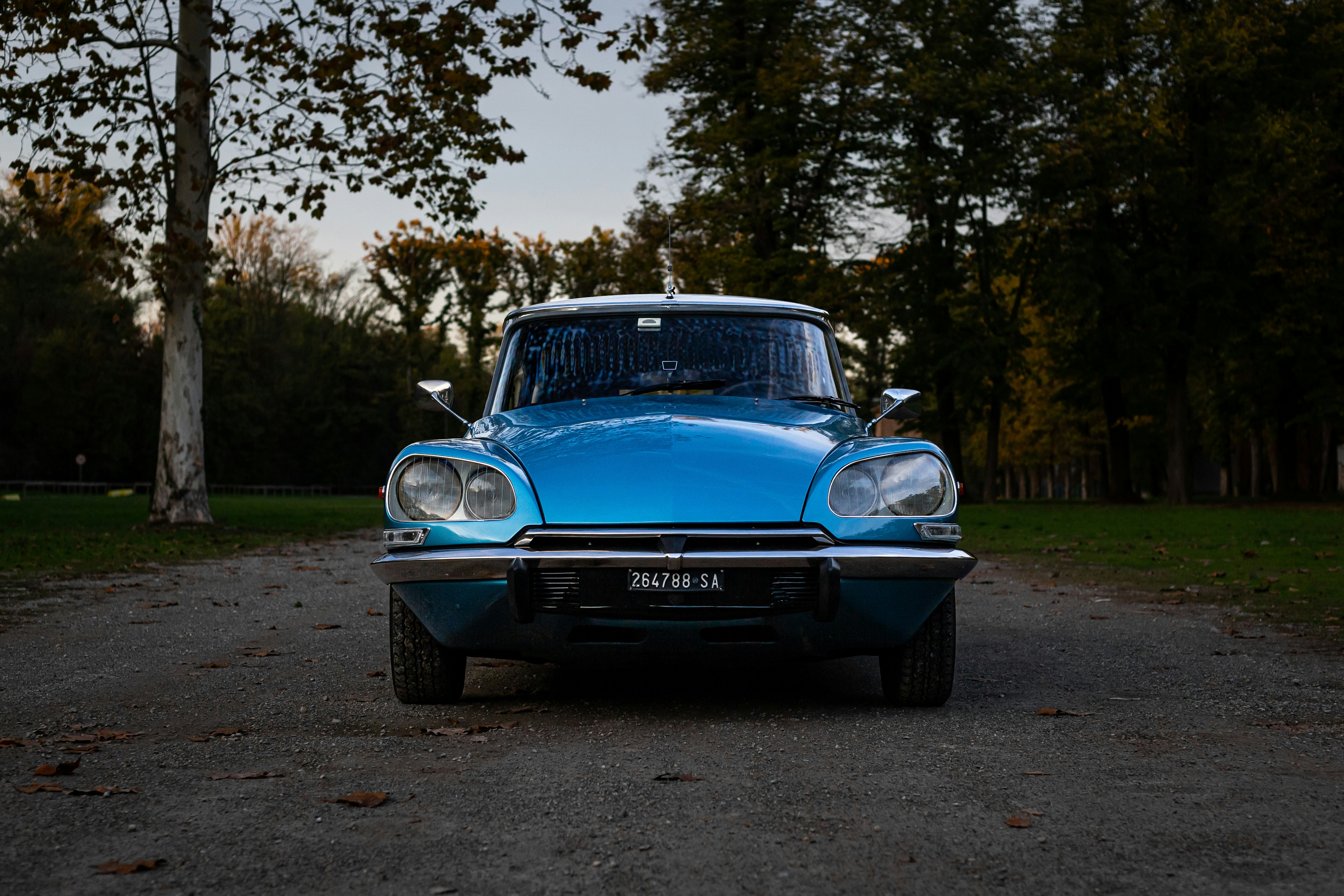Vintage blue car parked on a tree-lined path during early evening.