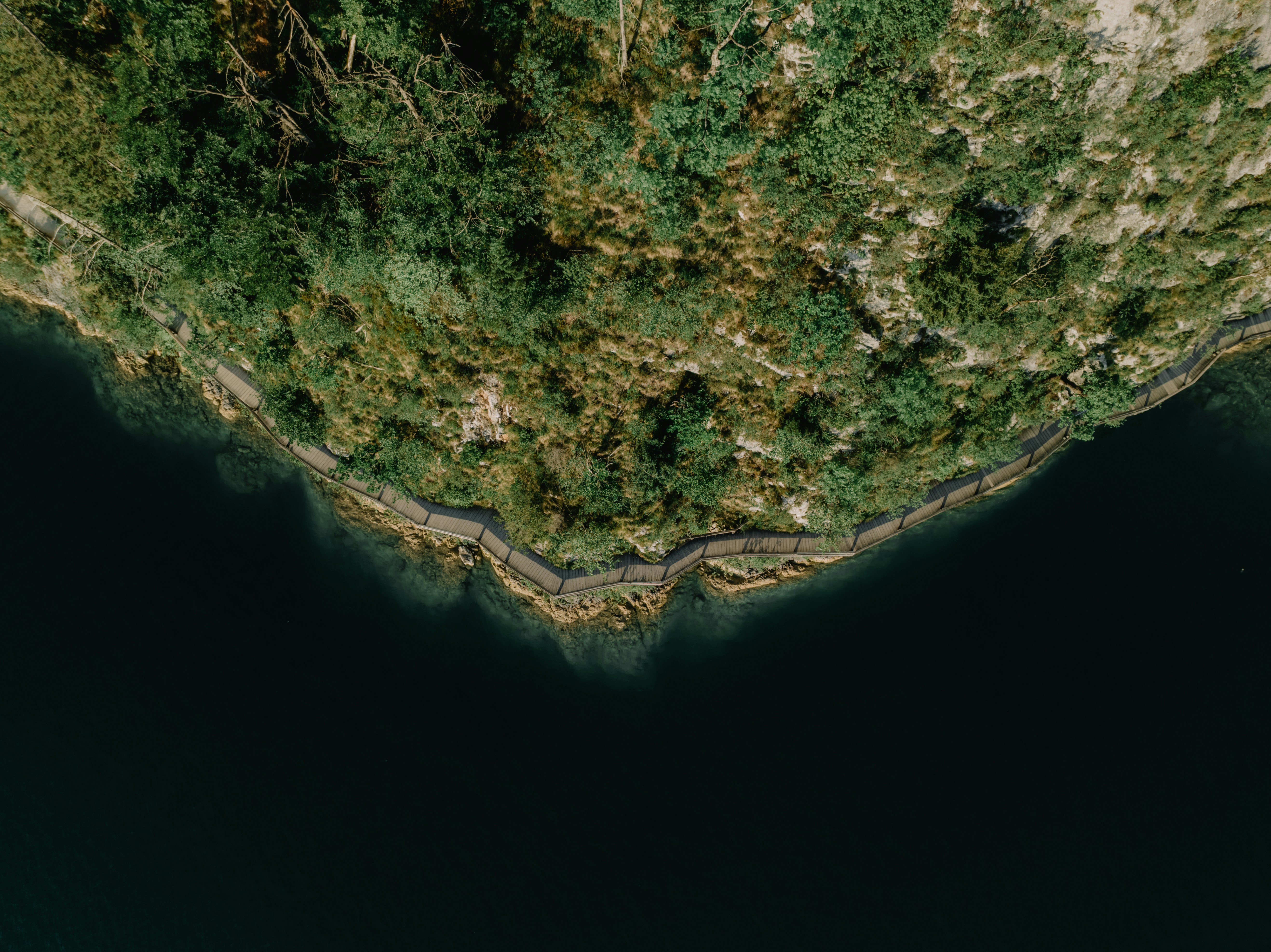 Aerial view of a rugged coastline blending into a dark, calm body of water.
