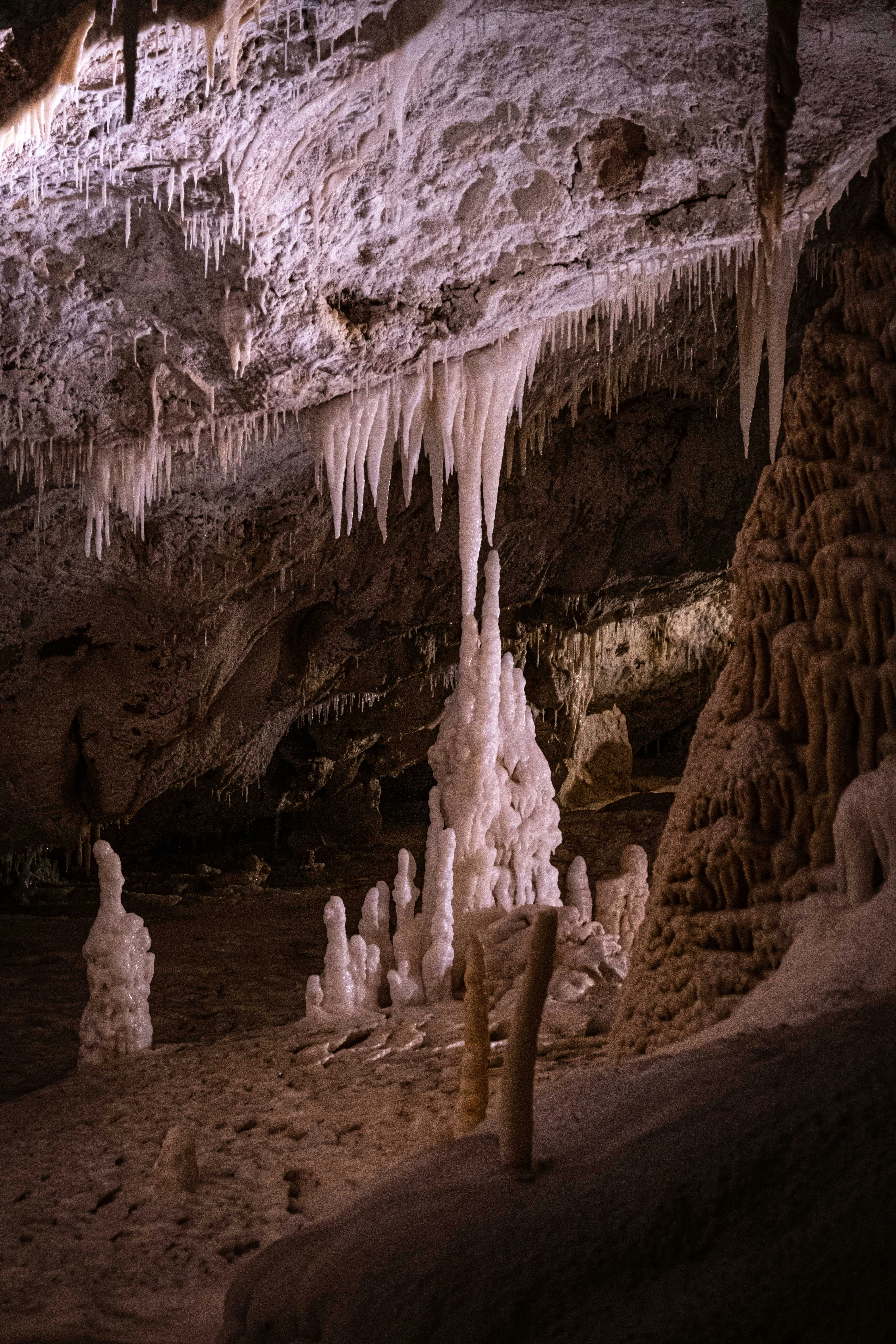 A group of ice formations hanging from the ceiling of a cave photo ...