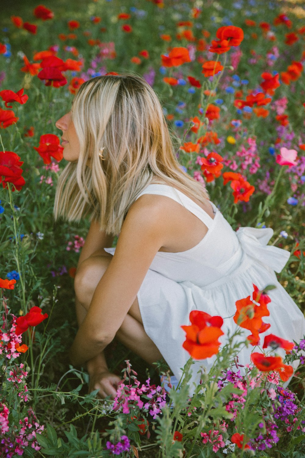Une femme agenouillée dans un champ de fleurs photo – Photo Coquelicots ... Une femme agenouillée dans un champ de fleurs photo – Photo Coquelicots ...