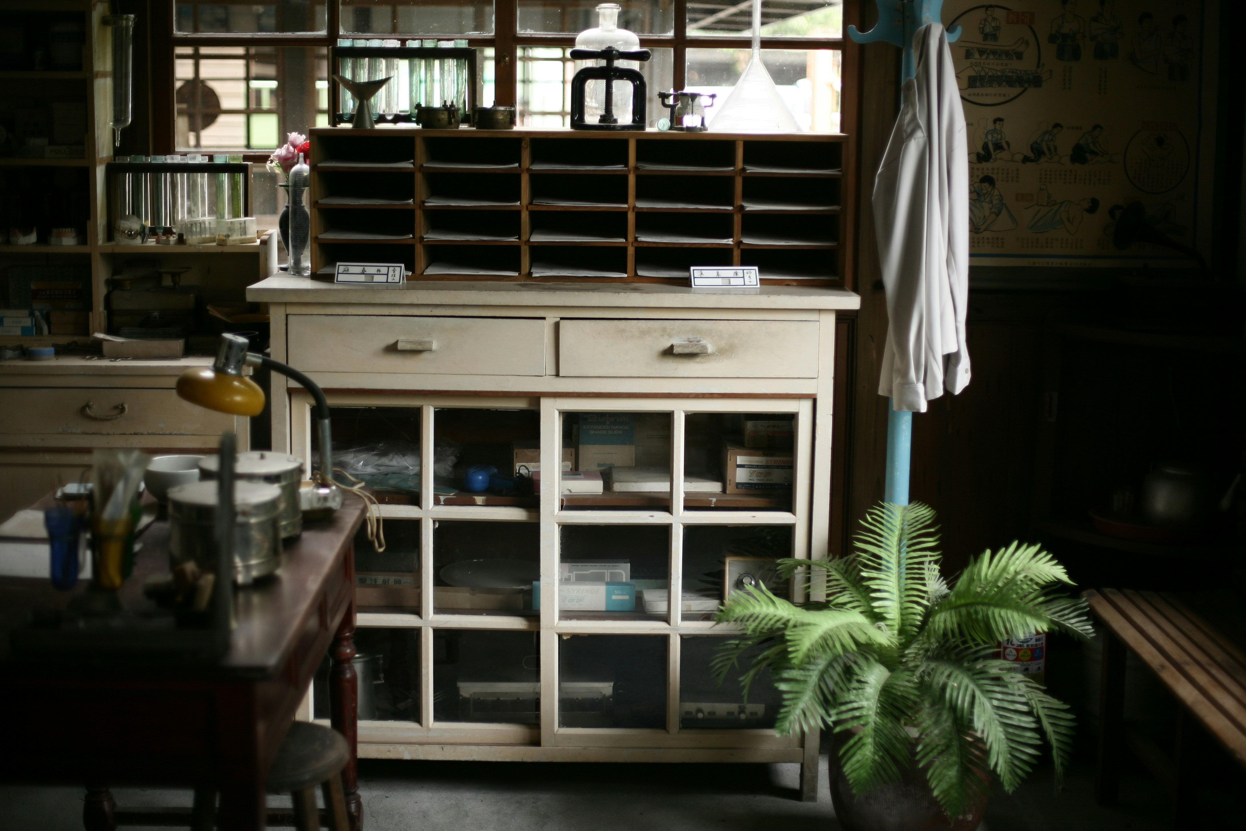 The Quiet Apothecary: A Vintage Desk within a Lush Corner