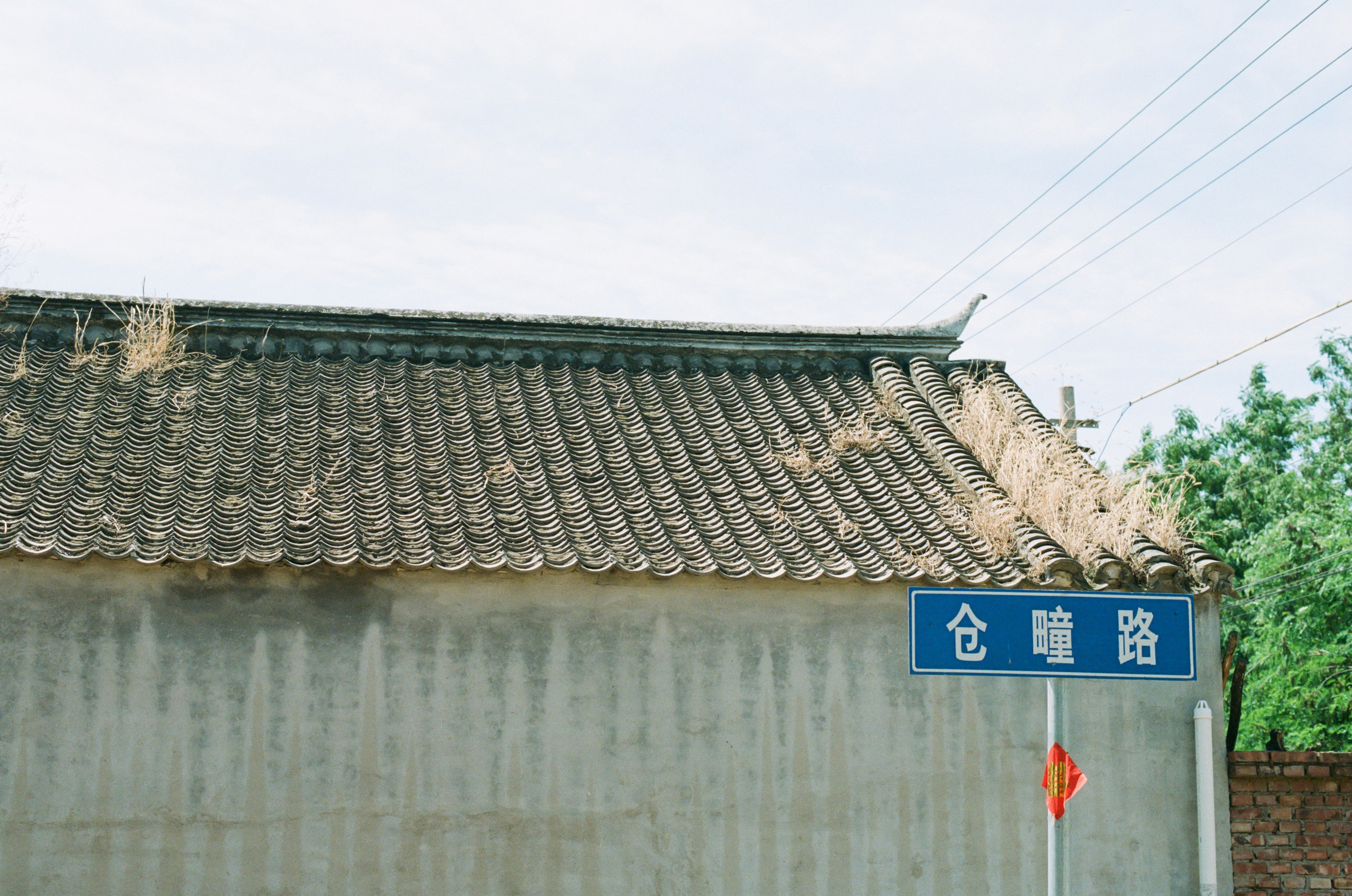Weathered concrete wall with a blue street sign featuring Chinese characters, framed by traditional tiled roof and a hint of greenery.