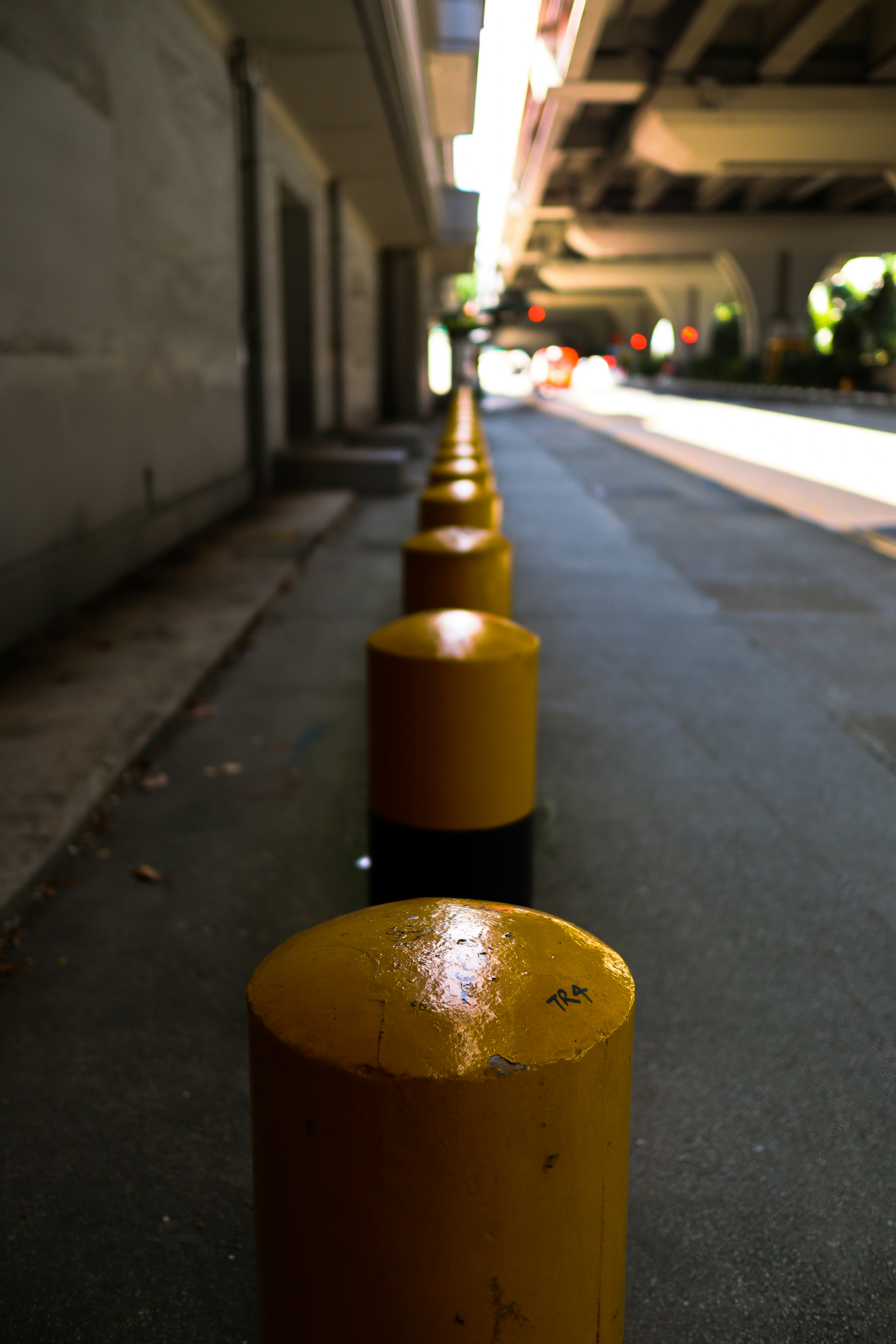 Golden Bollards Lead the Way Through a Sunlit Urban Corridor