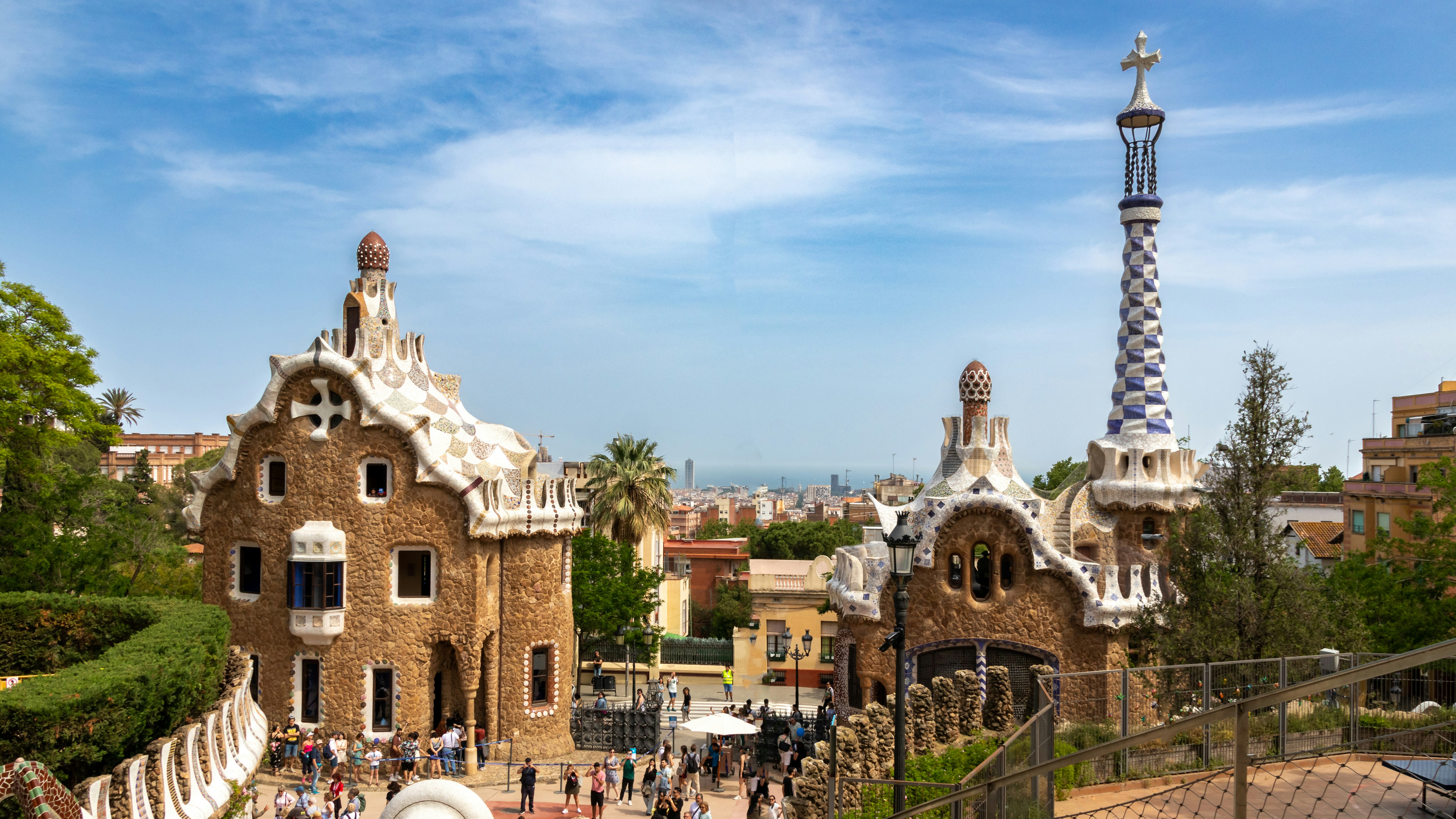 Sunlit Curves and Mosaic Spires: Gaudí's Park Güell Courtyard