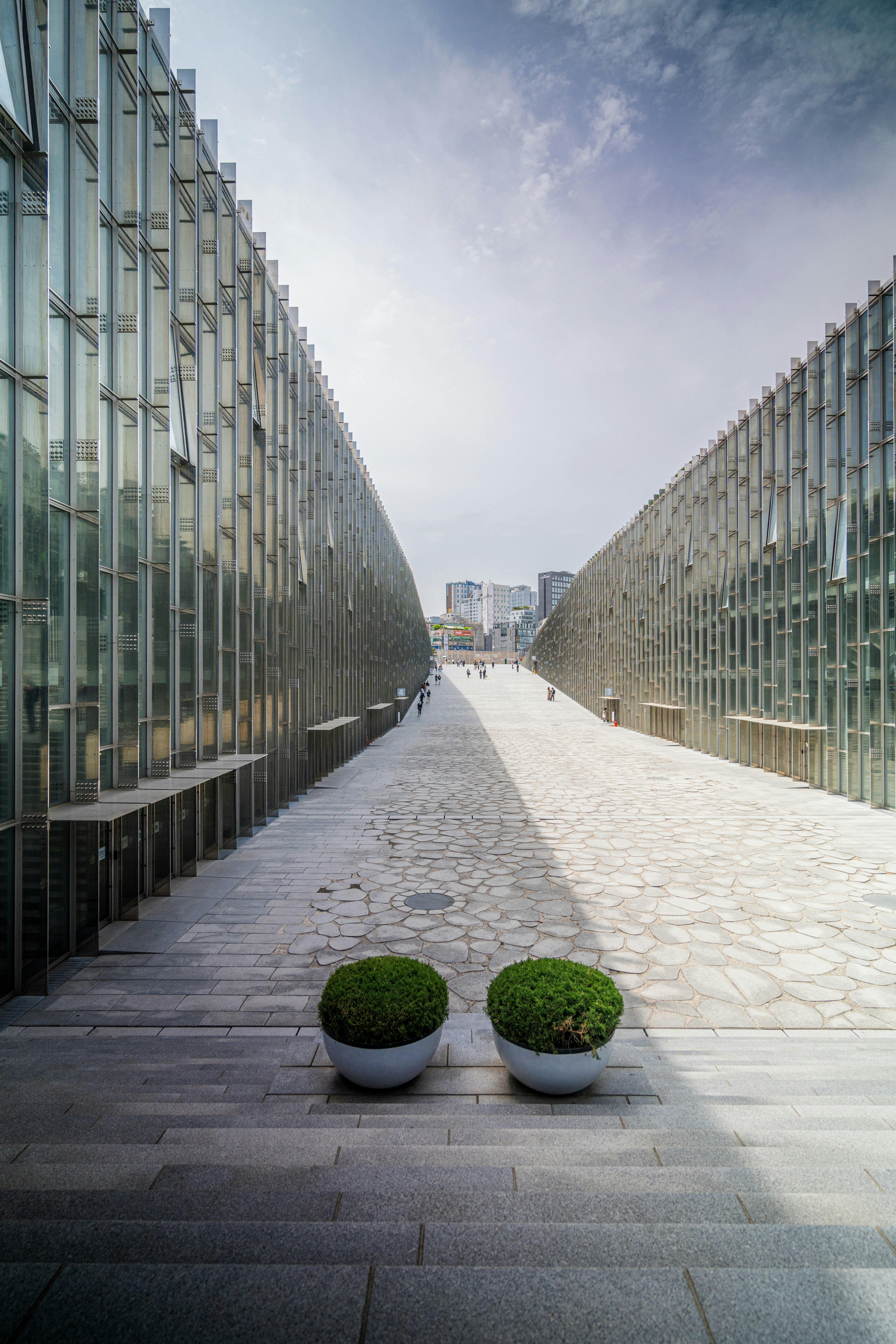 Symmetric Glass Canals: A Vanishing Walk Toward the City
