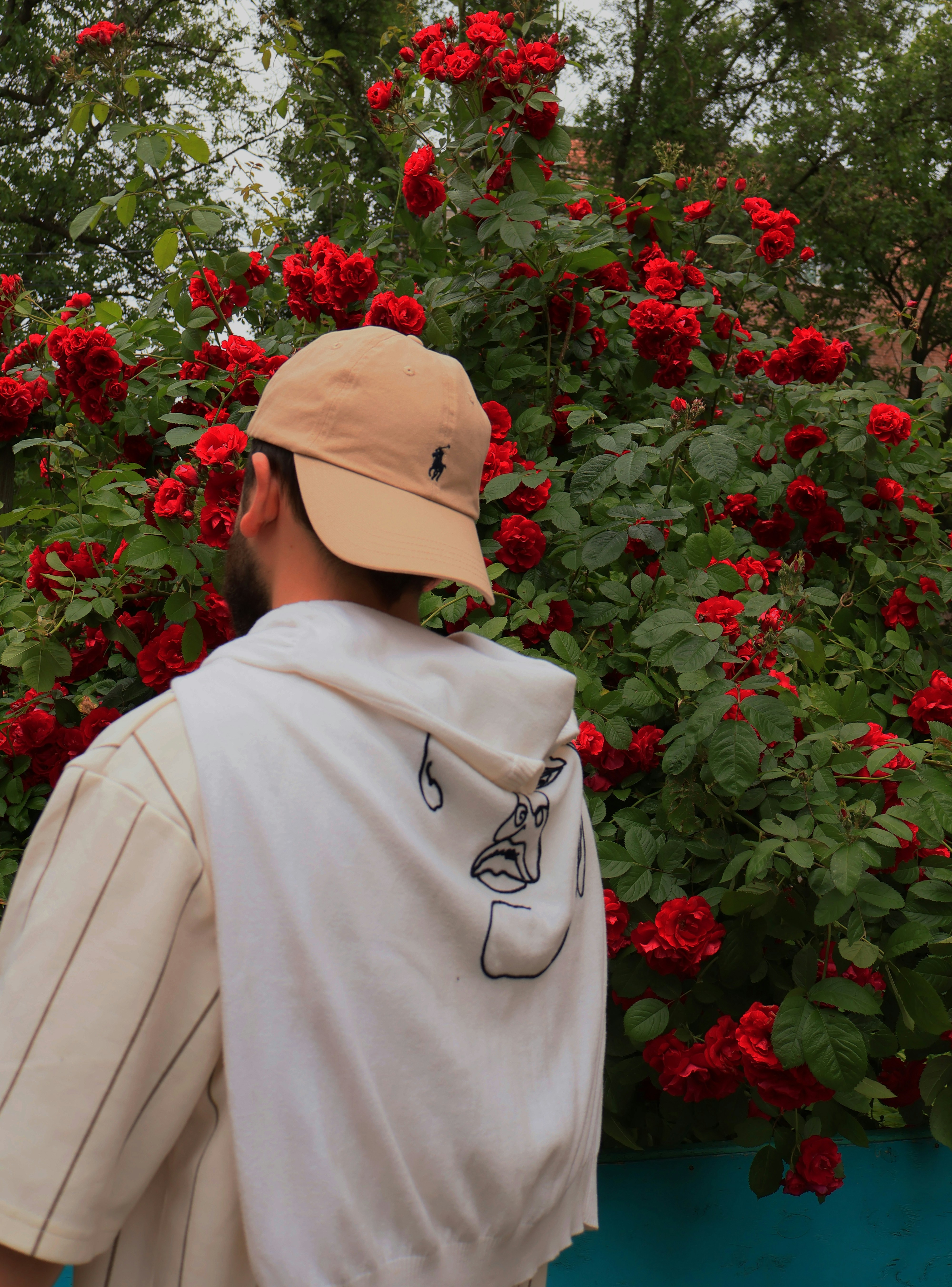 Beige Cap, Red Roses: A Quiet Portrait in a Floral Wall